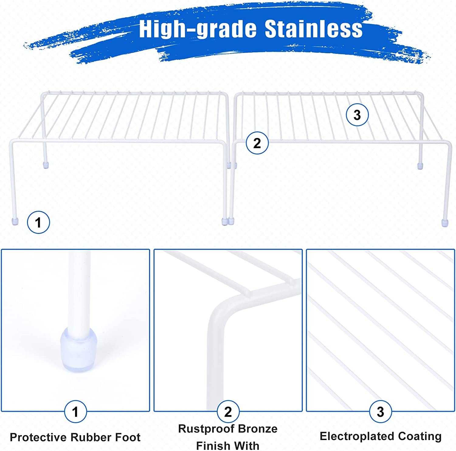 yaenoei Set of 2 - Kitchen Storage Shelf Rack (13.1 x 10.2 Inch)/Plastic Feet - Medium - Steel Metal - Rust Resistant Finish - Cups, Dishes, Cabinet & Pantry Organization - Kitchen (White)