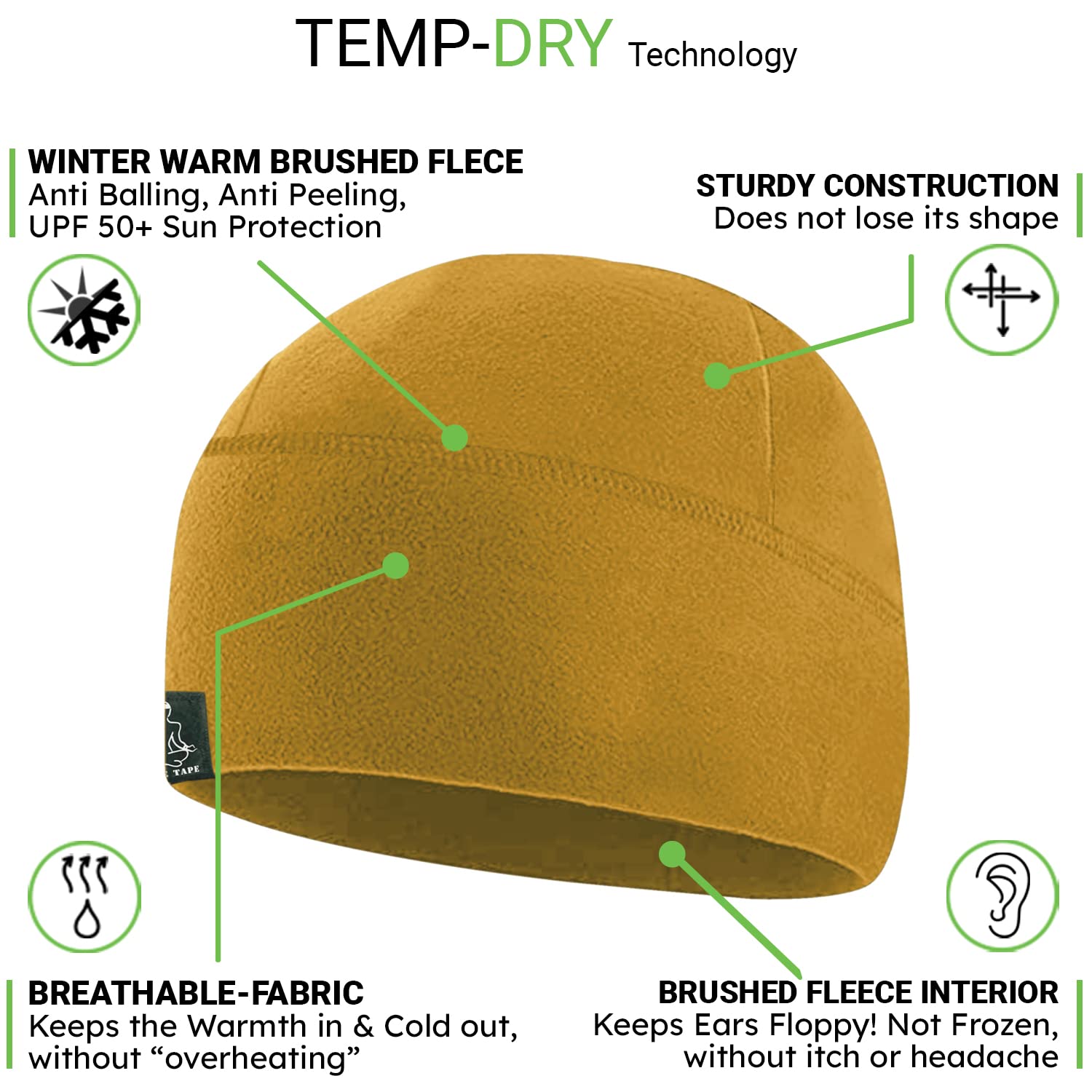 Temple Tape Tactical Fleece Watch Cap Beanie β Skull Cap Fleece Hat - 2 Pack Black/Sand Brown - One Size (Fits Most Heads)