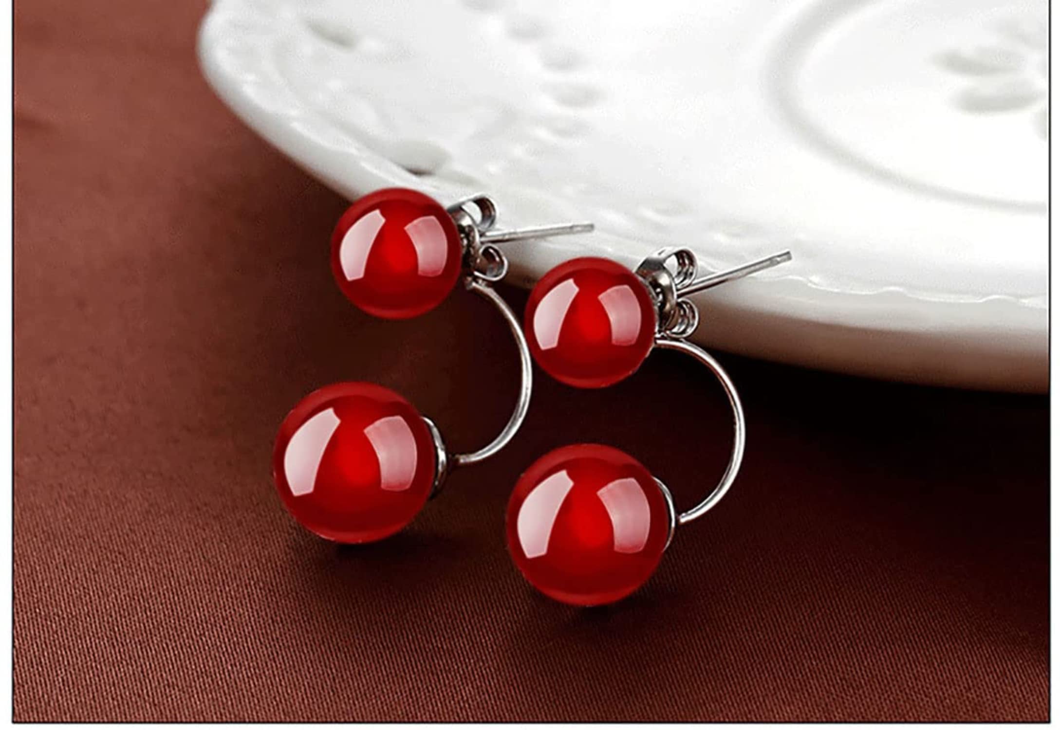 Women Earrings Natural Onyx Double Beads with Stud Earrings 925 Sterling Silver Jewelry (red)