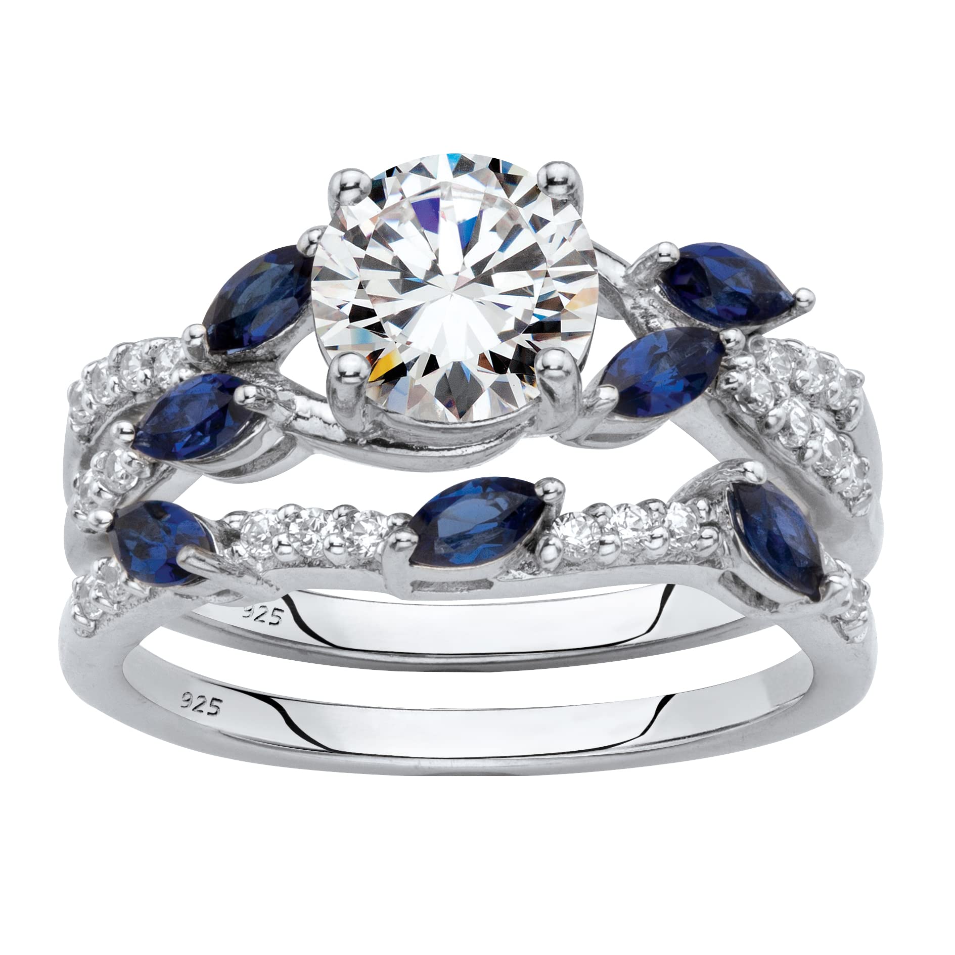 PalmBeach Platinum-Plated Silver Round Cubic Zirconia with Marquise Sapphire Emerald or Cubic Zirconia Vine Bridal Ring Set Size 10