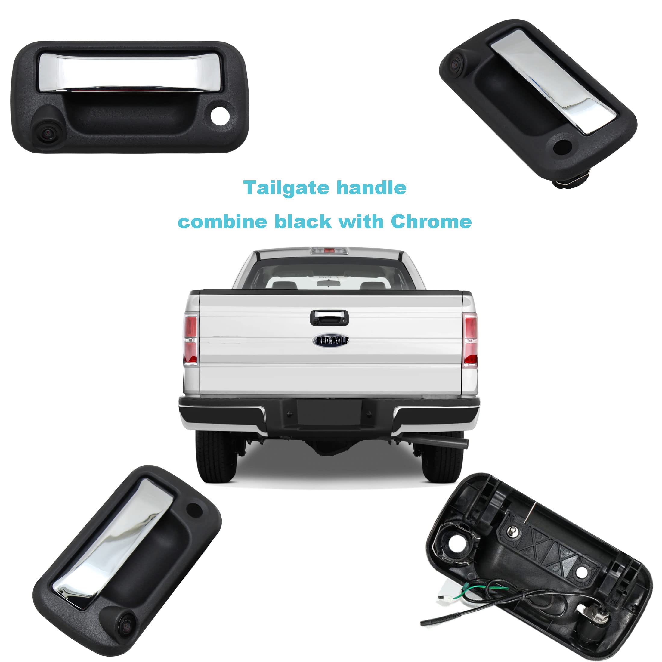 RED WOLF Chrome Tailgate Handle Reverse Backup Camera Fit for Ford F150 2004-2014, F250 F350 F450 2008-2016 Tailgate Rear View Parking Camera Camera RCA Connector Wide Angle Optional Guideline