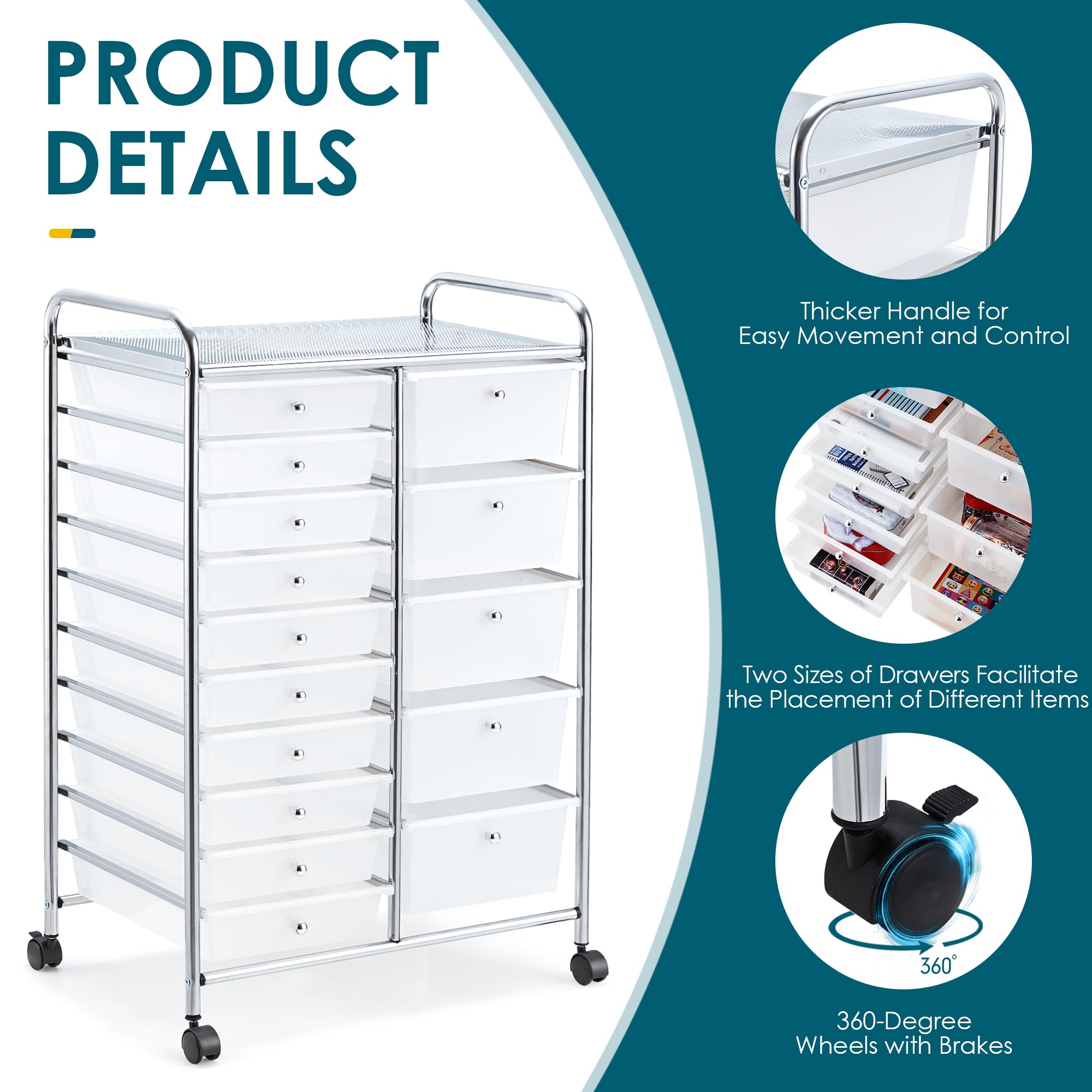 Sapodilla15-Drawer Rolling Storage Cart, Multipurpose Movable Organizer Cart for School Office Home Beauty Salon, Multipurpose Storage Organizer Cart with 4 Lockable Casters(White)