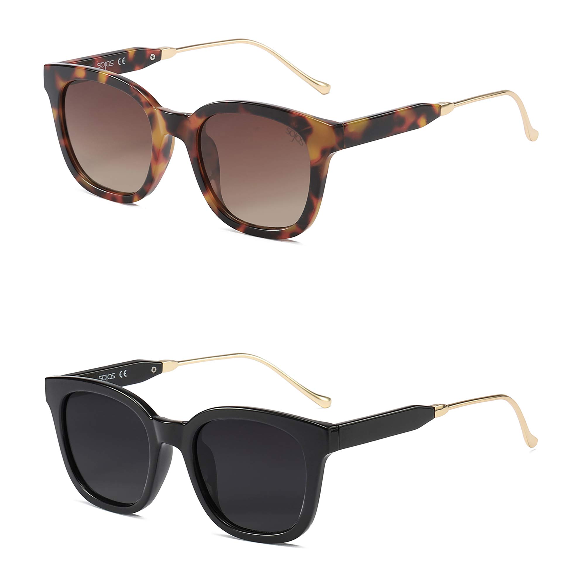 SOJOS 2 Pack Classic Square Polarized Sunglasses for Women Men UV400 Sun Glasses SJ2050, Brown Tortoise & Black