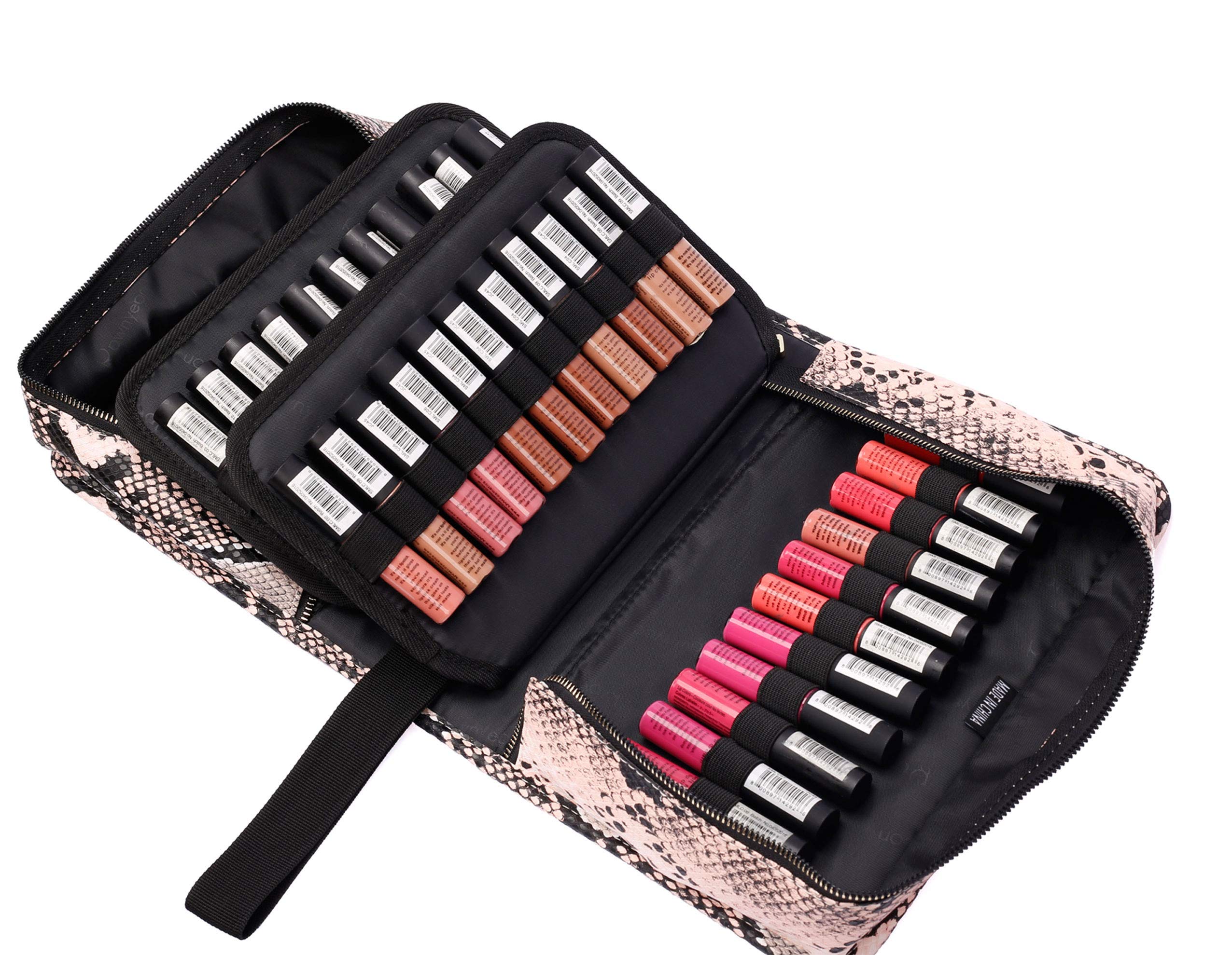 ROWNYEON Lipstick Organizer Bag Case Lipstick Holder 67 Slots Snake Print Portable Travel Makeup Bag Cosmetic Case Lipstick Carrying Case Makeup Storage Bag Case For Lip Gloss,Mascara-Pink PU Leather