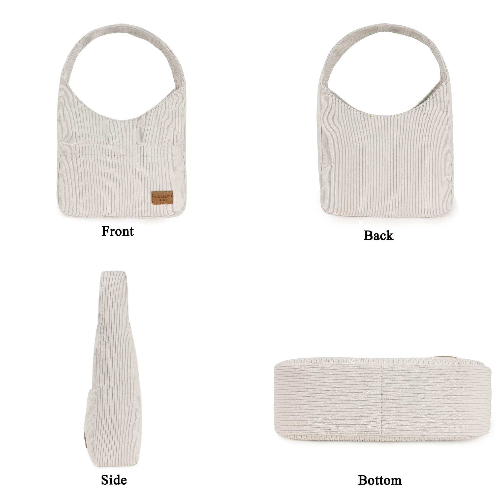 Women Corduroy Tote Bag Casual Shoulder Bag Big Capacity Hobo Bag Handbag Purse with Pockets (White)