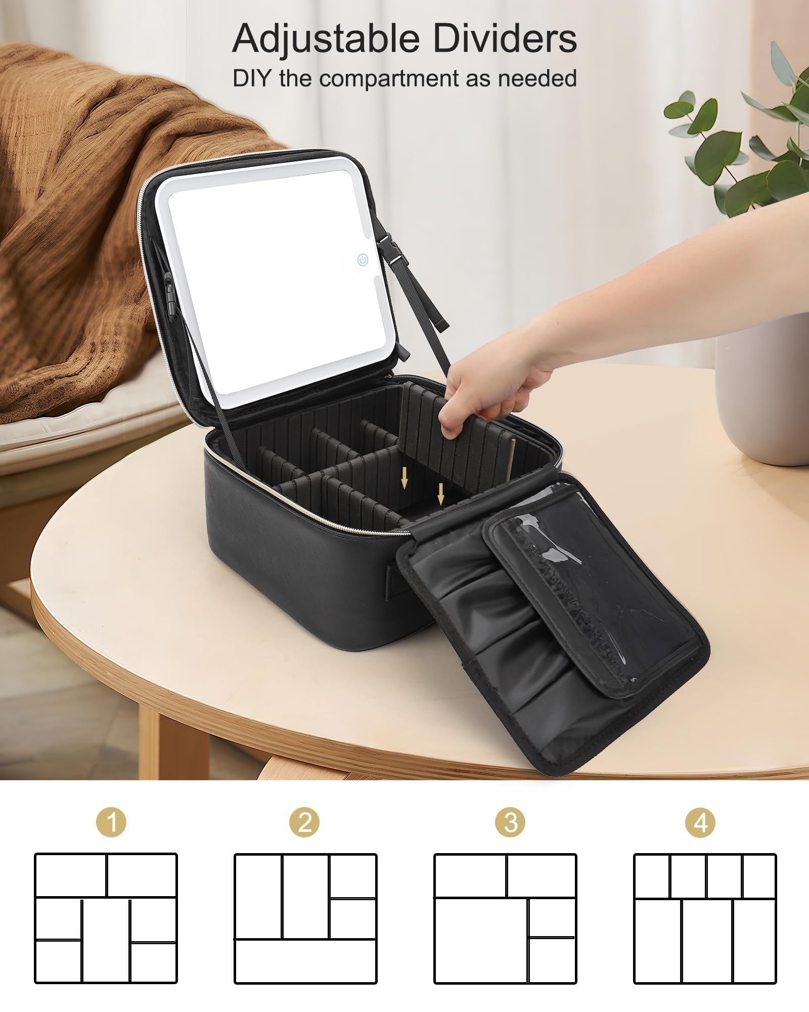 Relavel Makeup Organizer Bag, Makeup Case Leather Travel Makeup Bag 2 Layers Train Case Large Cosmetic Case Portable with Adjustable Dividers Makeup Brushes Holder Storage Box (Small Black)