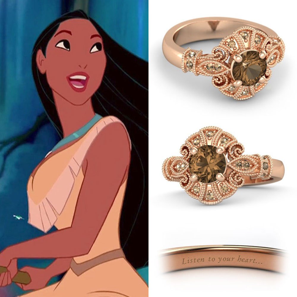 tusakha 14K Rose Gold Plated Smoky Quartz Princess Pocahontas Engagement Ring For Women's