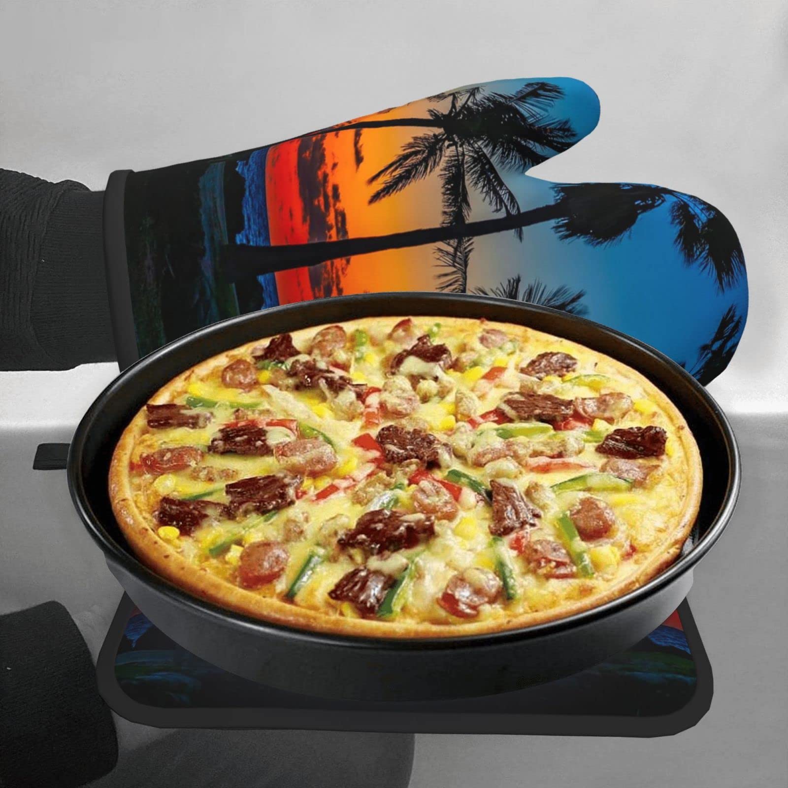 Sunset Beach Palm Tree Oven Mitts and Pot Holders Sets of 2, Non-Slip Cooking Hot Pads Washable Heat Resistant for Kitchen Microwave BBQ Baking Grilling