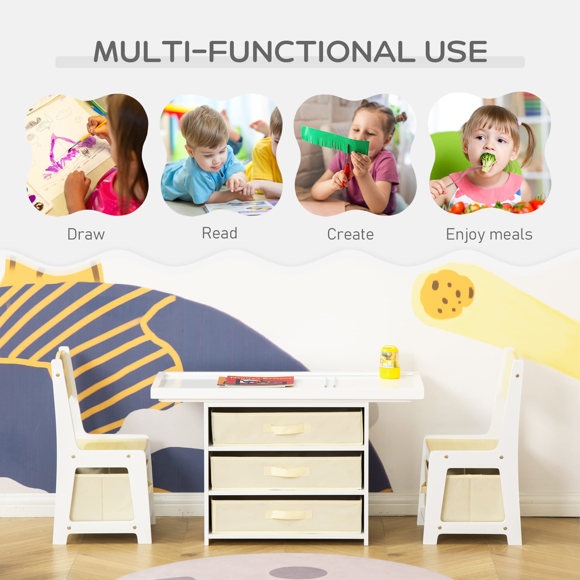 Qaba 3-in-1 Kids Activity Table and Chairs Set with 3 Surfaces Including Kids Drawing Table, Kids Building Blocks Table, Road Map with 2 Cars, Storage Baskets for Preschool Children