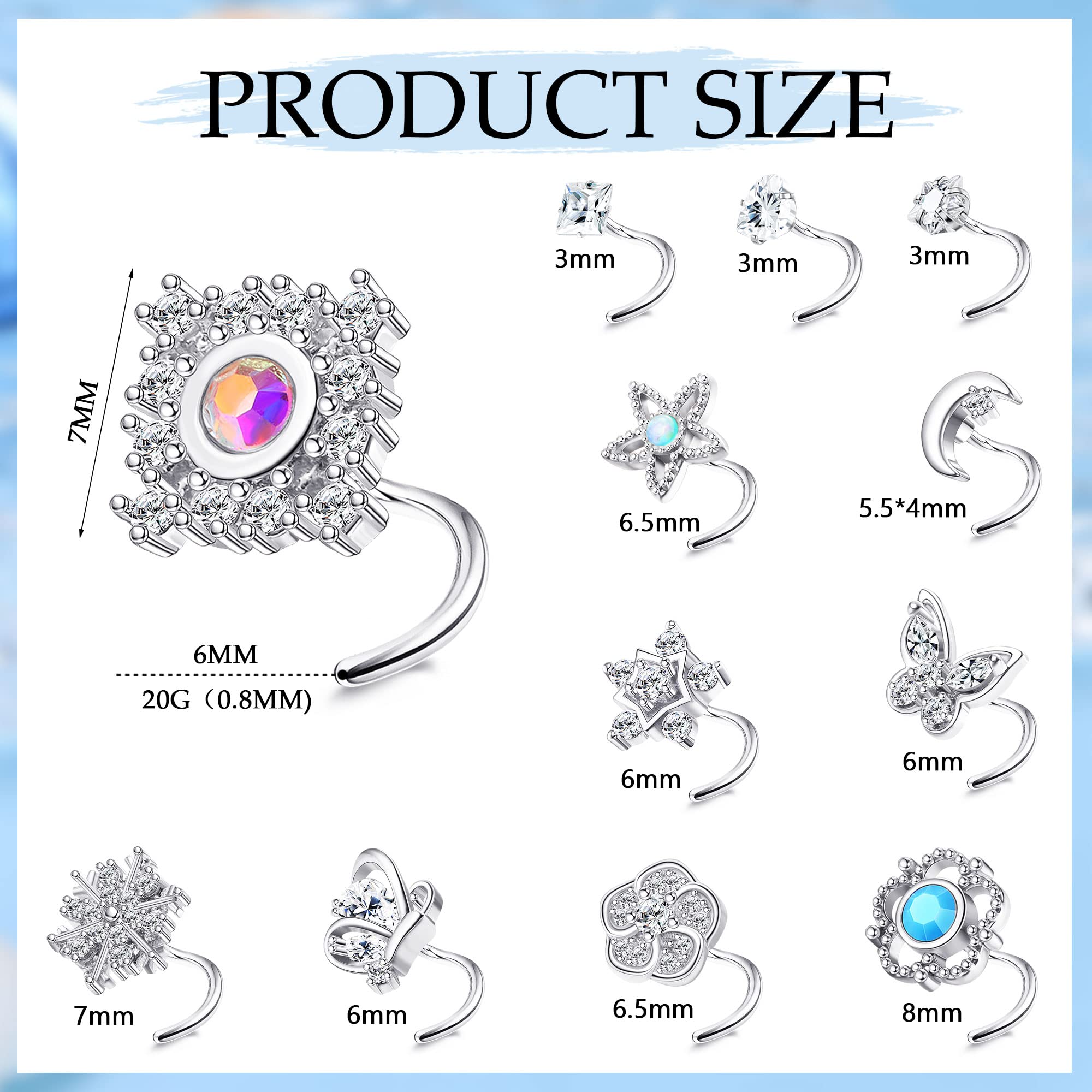 Ubjuliwa 12Pcs 20G Stainless Steel Nose Rings Stud for Women Screw L Shaped Nose Studs Cubic Zirconia Moon Star Snowflake Flower Butterfly Nose Piercing Stud