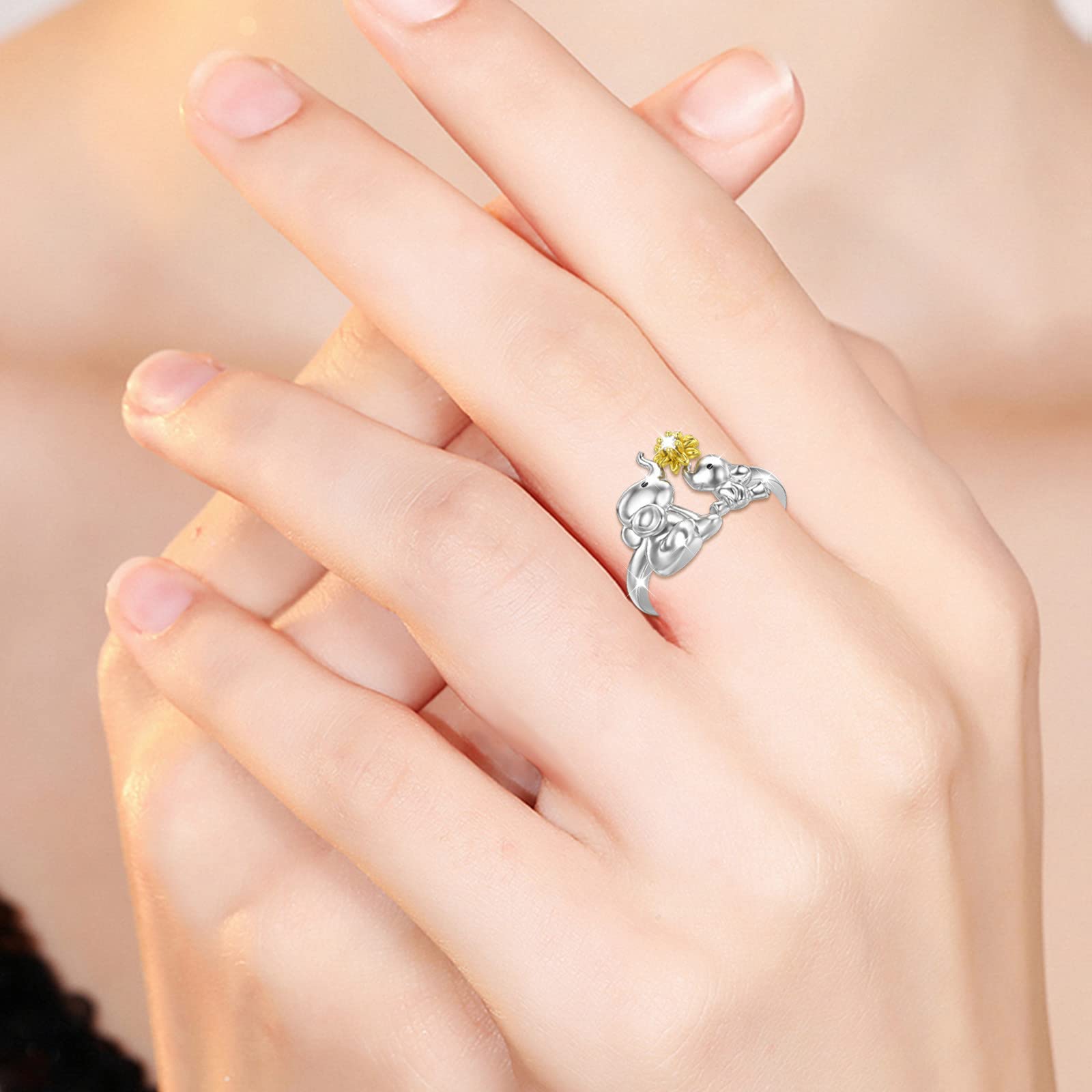 Women Elephant Ring Mother and Child Animal Ring with Sunflowers Statement Ring for Mom (A, 7), Stainless Steel,Rose Gold,White,Purple