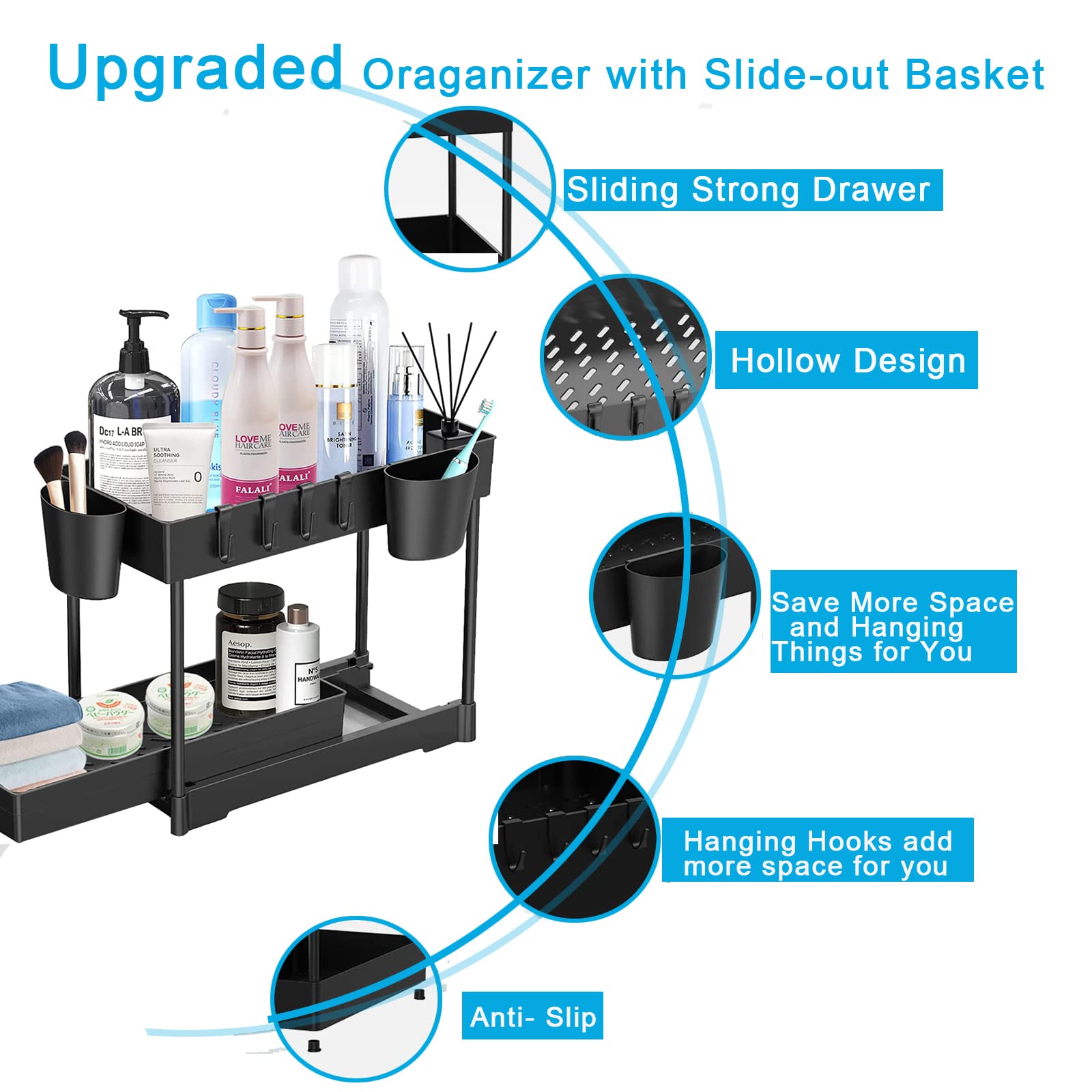 sulela Under Cabinet Basket Organizer and Storage with Sliding Drawer, 2 Tier Under Sink Storage Rack with 4 Hooks, Under Sink Organizers and Storage Black Under Sink Storage for Bathroom Kitchen