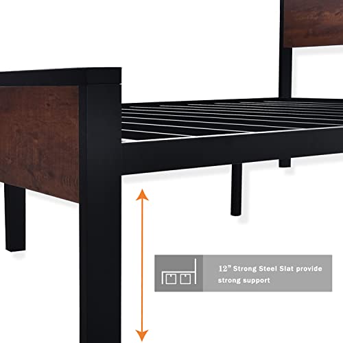 SHA CERLIN 14 Inch Queen Size Metal Platform Bed Frame with Wooden Headboard and Footboard, Mattress Foundation, No Box Spring Needed, Large Under Bed Storage, Light Mahogany