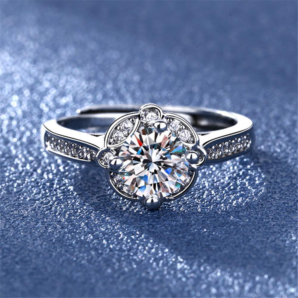 T Brand Platinum Plated Round CZ Solitaire Accent Wedding Promise Ring Flower Design Adjustable Bridal Rings for Women Y1212,Silver