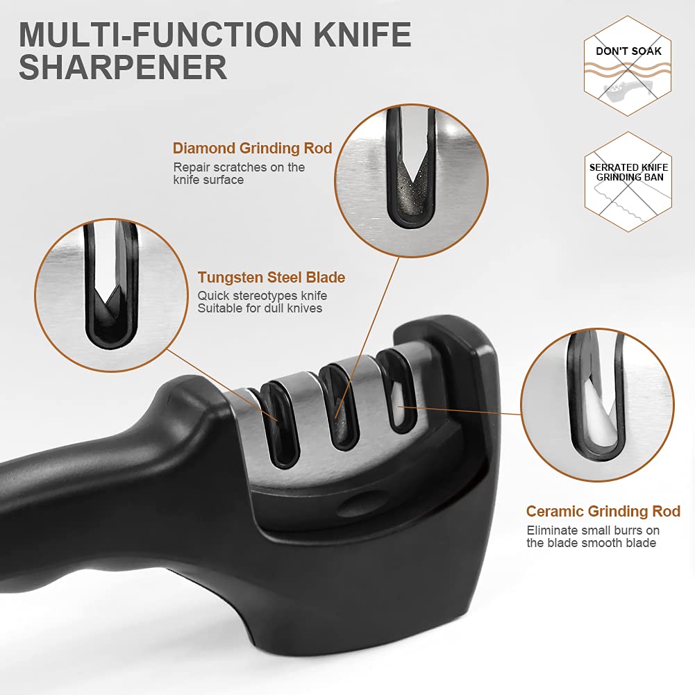 Professional Kitchen Knife Sharpener, 3 Stage Knife Sharpener, Handheld Manual Knife Sharpener Suitable for 99% of Knives, Sharp, Rough Grinding, Fine Grinding, Repair, Restore, Polish (102KS)