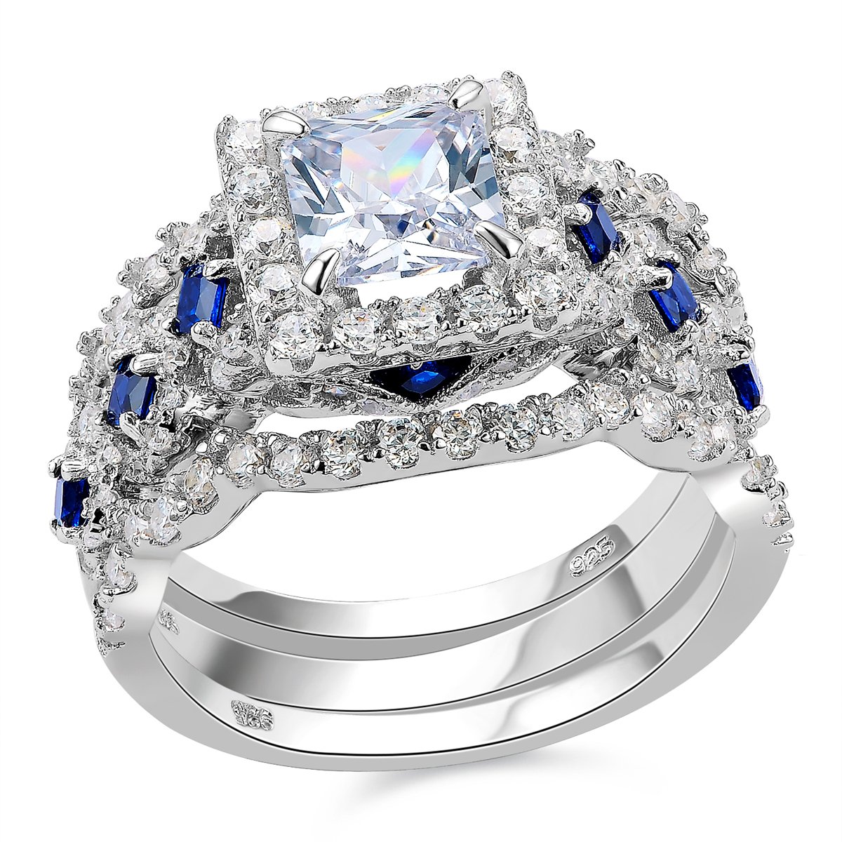Newshe 2.5CT 925 Sterling Silver CZ Engagements Rings Wedding Bands for Women 3PCS Bridal Rings Sets Cubic Zirconia Princess Promise Rings for her Size 7