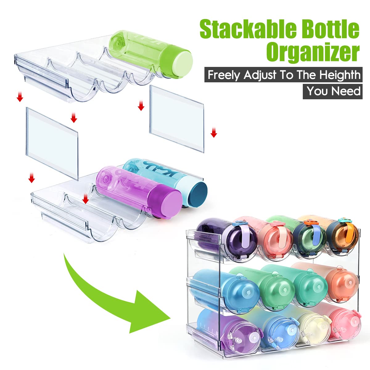 Water Bottle Organizer for Cabinet, 3 Packs Stackable Plastic Water Bottle Storage Holder, Wine Drink Racks for Kitchen Fridge Pantry Refrigerator,Cup Tumbler Organization Shelf- Clear
