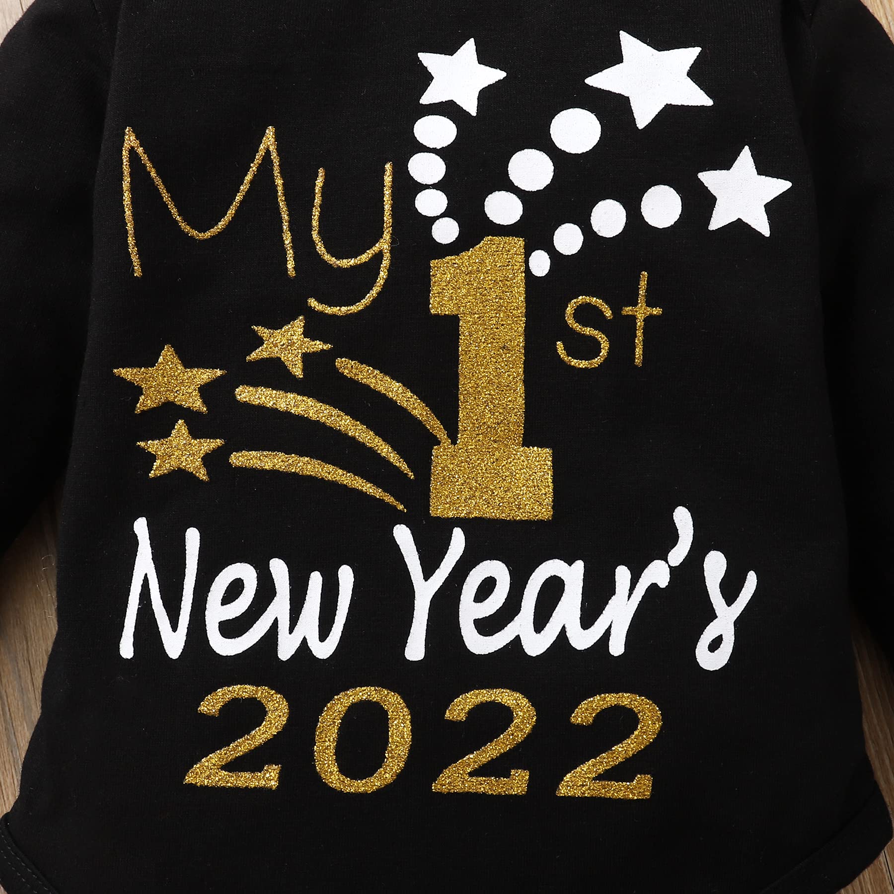 Shalofer 4Pcs Outfit Set Baby Boy Girl My First New Year Romper (Black-2022,12-18 Months)