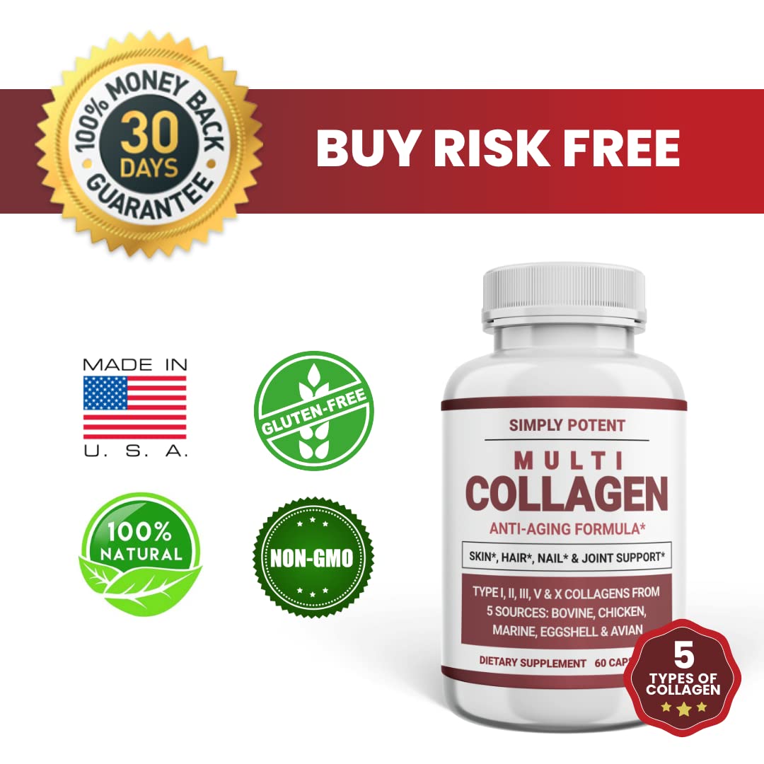 Multi Collagen Peptides Powder Pills, High Bioavailable Hydrolyzed Collagen Protein Supplement with 5 Collagen Types I, II, III, V, and X for Skin, Hair, Nail & Joint Support, 60 Capsules