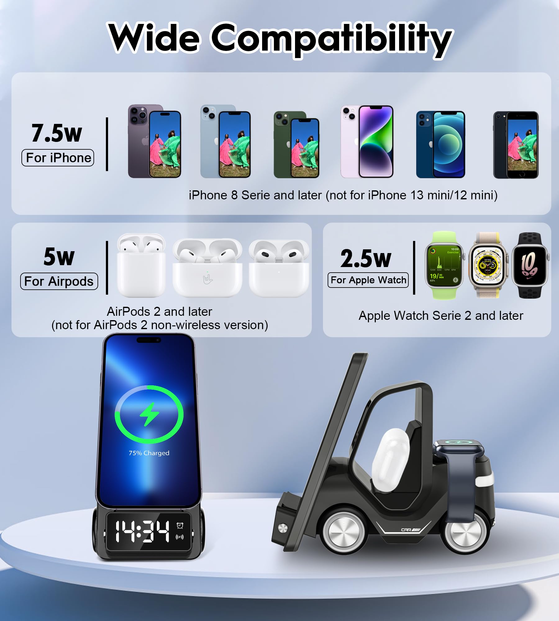 QFUP Forklift Wireless Charger Station for iPhone Charger for Apple Watch Charger for Airpods Charger, 6 in 1 Wireless Charging Station for Multiple Devices Apple Fast Wireless Desktop-Grey