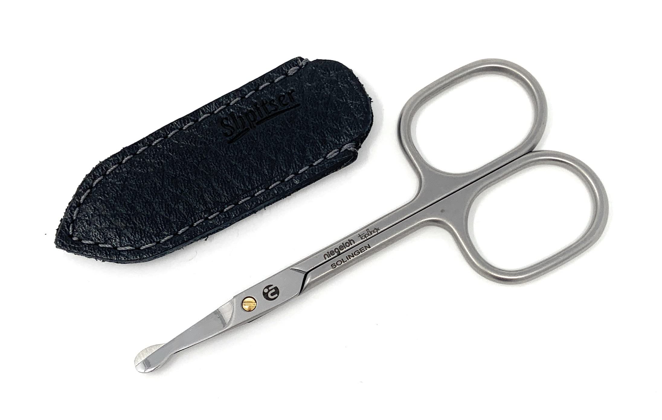 Niegeloh Professional TopInox Stainless Steel Nose & Ear Scissors with SHPITSER Genuine Leather Case. Made in Solingen, Germany