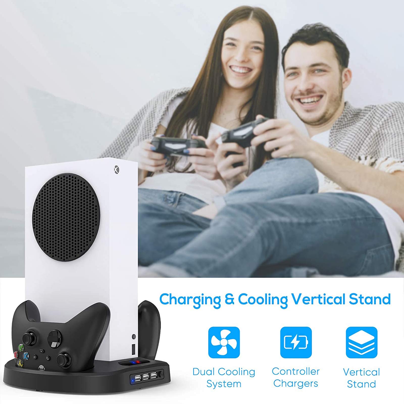 T&A Vertical Stand for Xbox Series S with Cooling Fan Xbox Series S Stand Controller Charge Station with Dual Controllers EXT Port Charger Dock and 3 USB HUB, BLACK