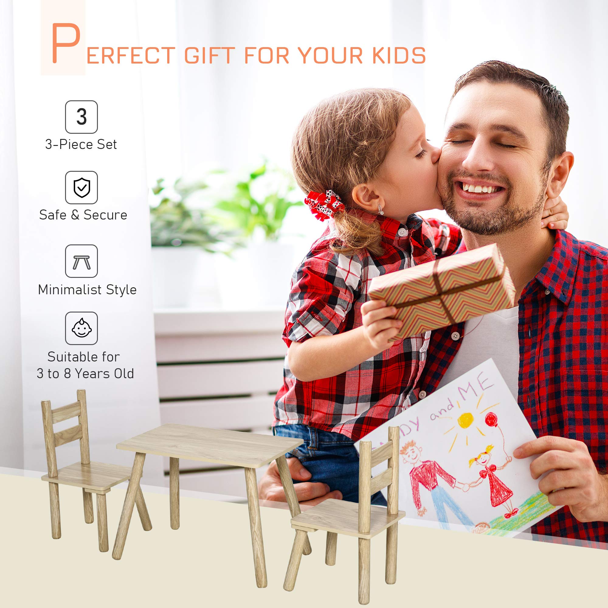 Qaba Kids Wooden Table and Chair Set, Play Activity Table for Arts, Crafts, Dinning, and Reading for Toddlers Age 2 to 5, Natural Wood