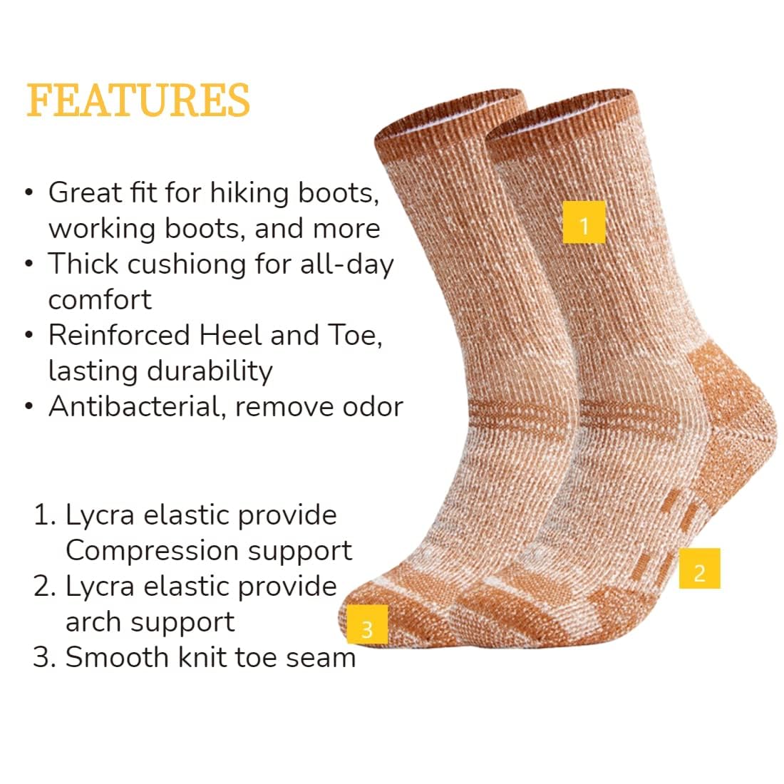 SOLAX Women's Merino Wool Hiking Socks 2 Pairs Outdoor Trail Crew Socks (Medium, Yellow184)
