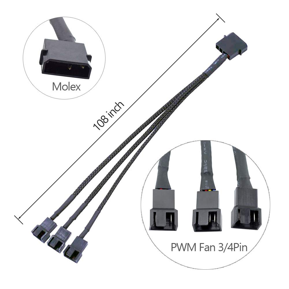 Nscy 2PCS 4 Pin PWM Fan Extension Cable and 4-Pin IDE to 3X 4-Pin Fan Connector, Sleeved Braided Y Splitter, for Computer PC 4 Pin Fan Extension Power Cable, Cooling Fans Cable