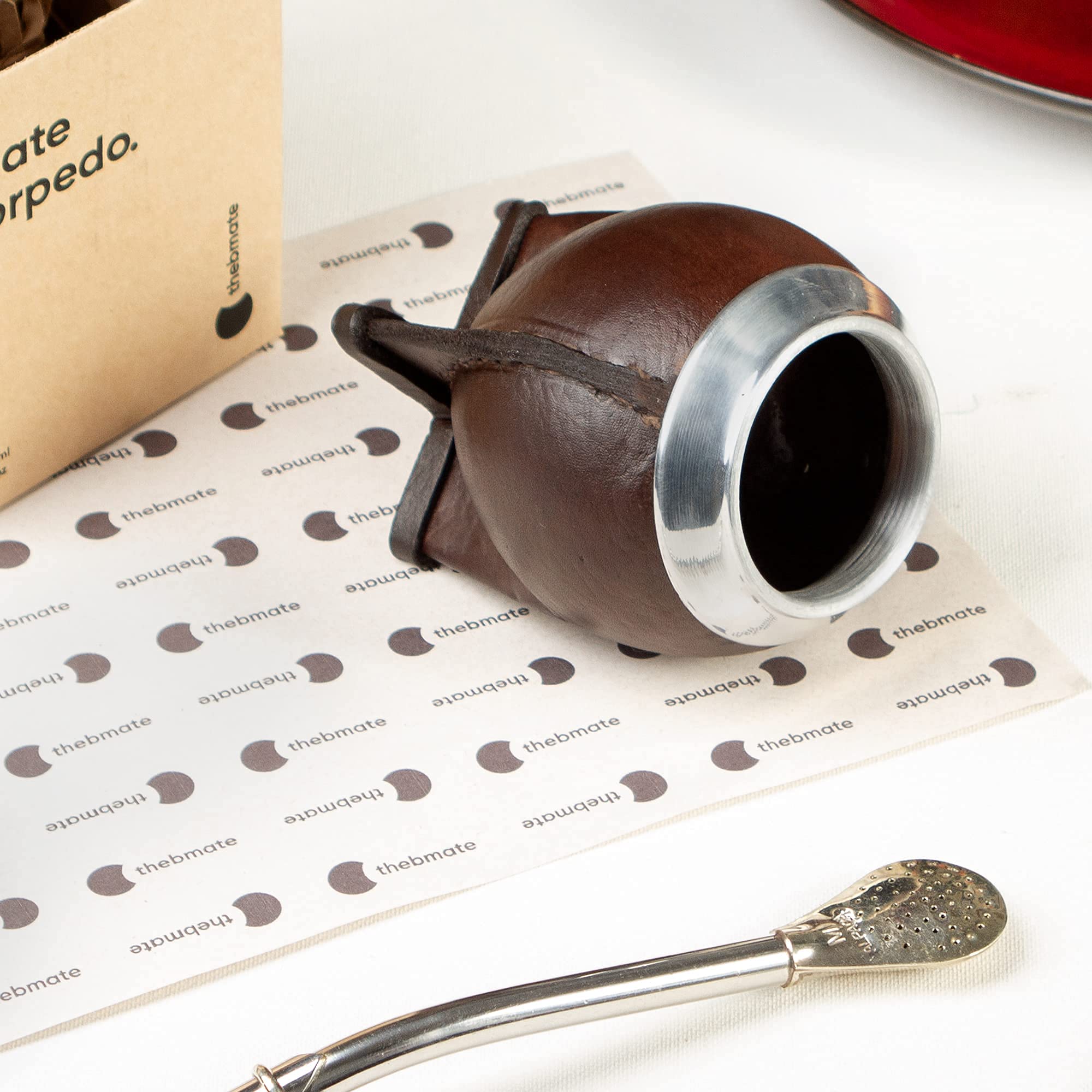 thebmate [Premium Yerba Mate Cup (Mate Gourd) - Crafted Ceramic Teacup β Dark Brown Leather Wrapped Handmade in Uruguay - Mate Torpedo - Torpedo Style