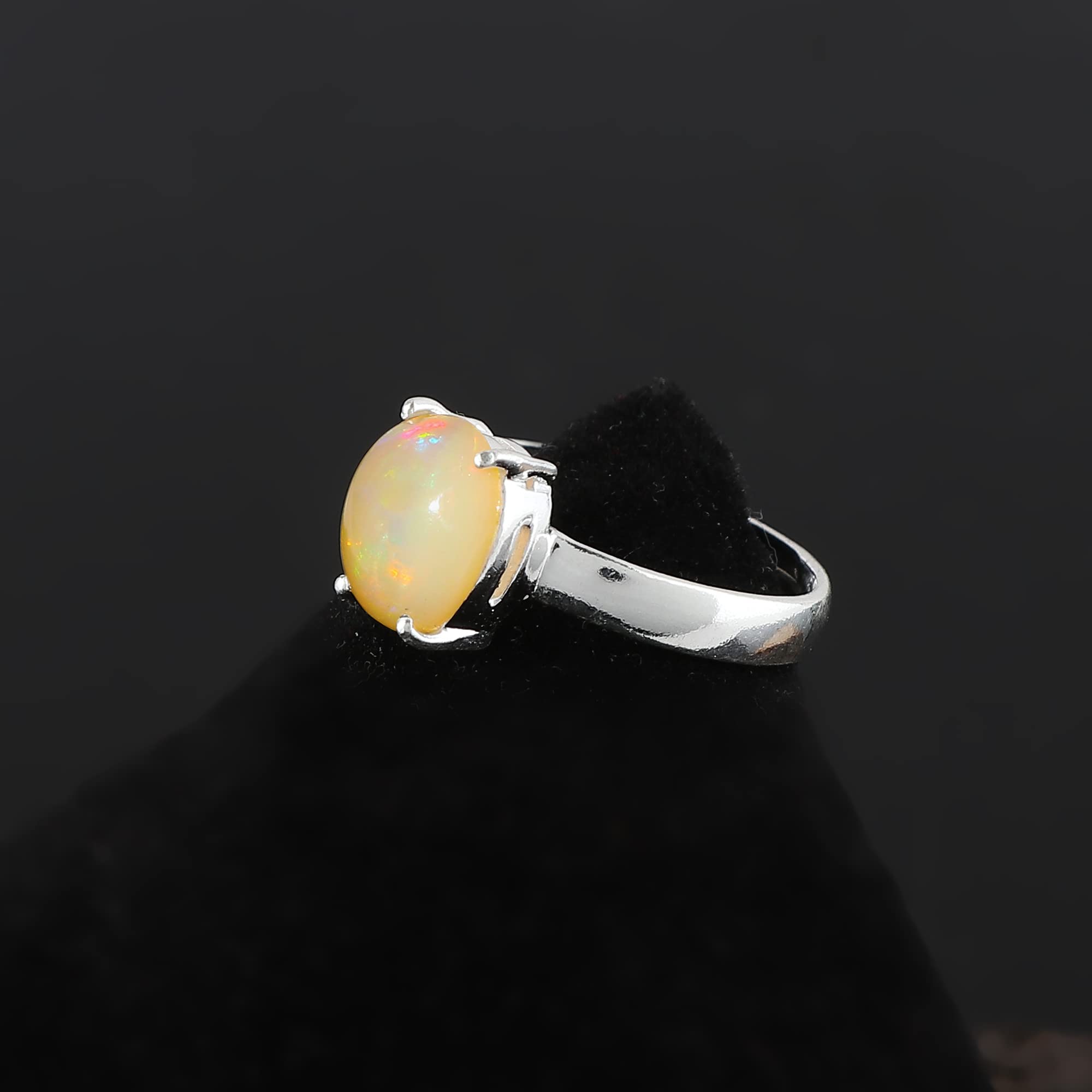 Natural Ethiopian Opal Ring - Adjustable Ring - 4-Prong 925 Sterling Silver Ring, Handmade, October Birthstone, Vintage Antique Jewelry for Classy Women (Sterling Silver, US - 7)