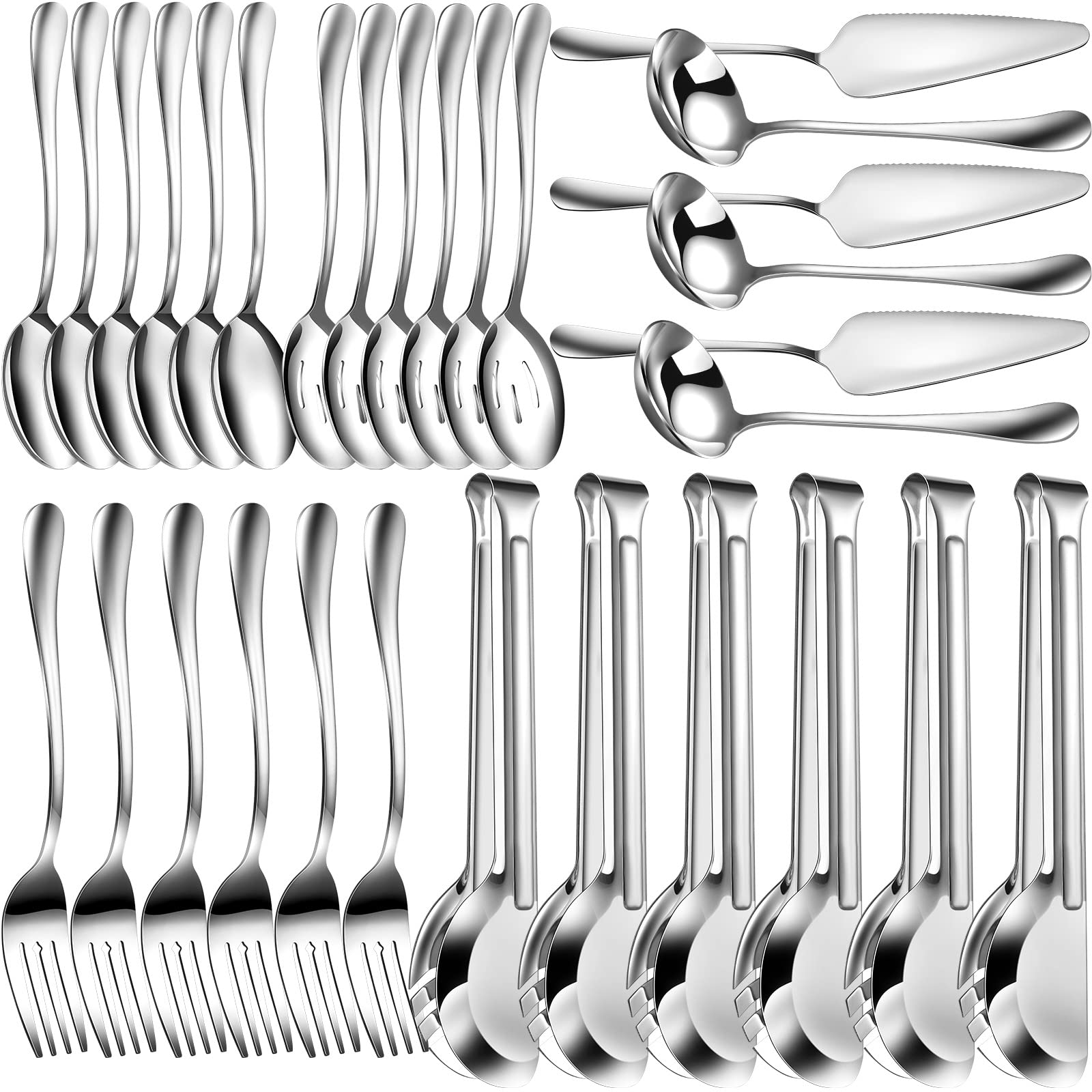 Thenshop 30 Pcs Stainless Steel Serving Utensils Set Serving Flatware Set Include Large Serving Spoons Slotted Spoons Serving Forks Soup Ladle Pie Server and Serving Tongs for Buffet Party (Silver)