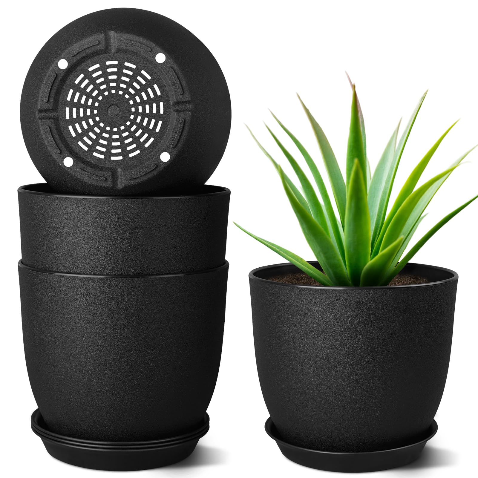 Moneysdodo 8 inch Plant Pots Set of 4 Pack, Plastic Planters with Drainage Holes and 4 Saucers, Morden Decorative Creation Flower Pots for Indoor & Outdoor Garden House Plants, Black