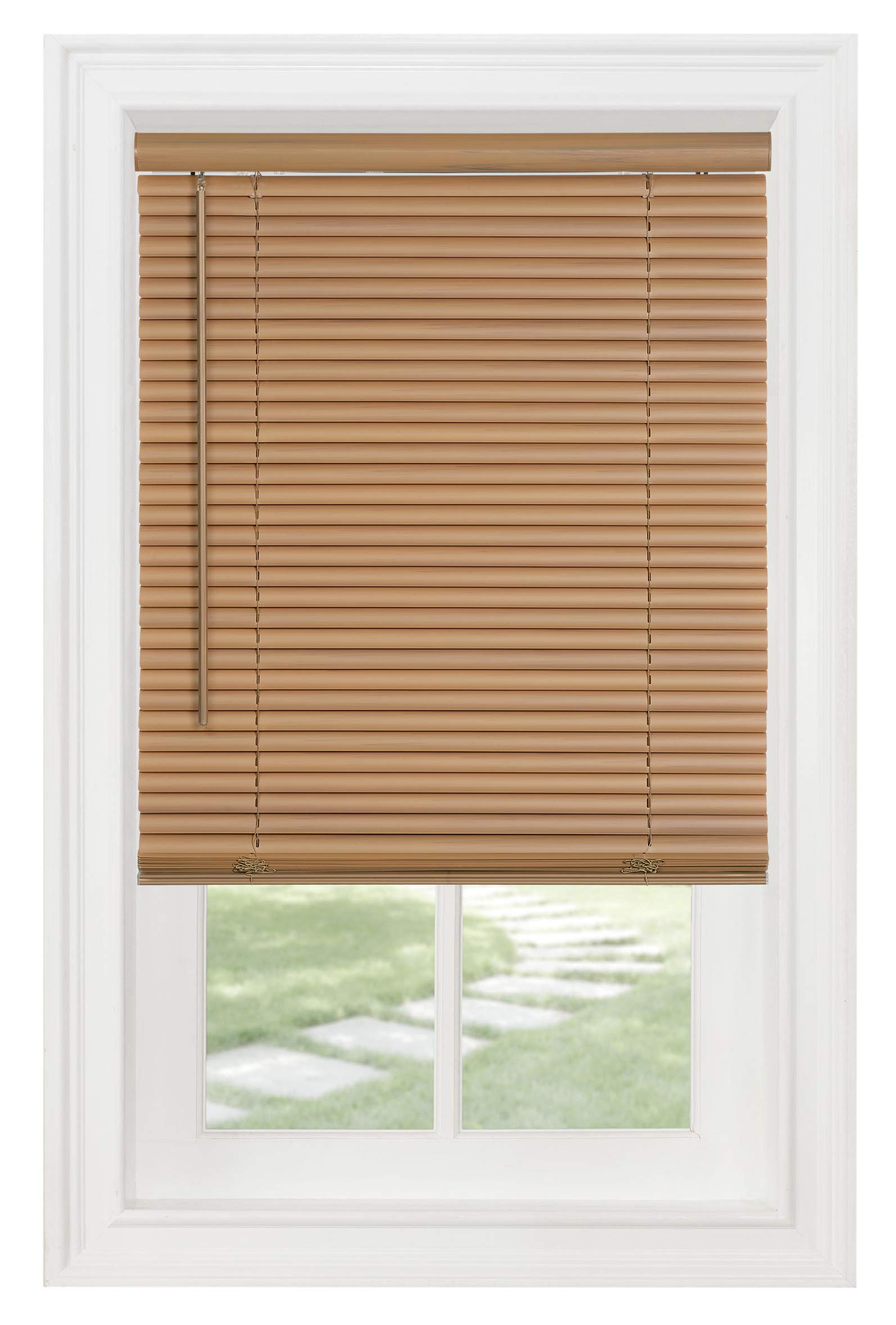 PowerSellerUSA 1" Slats Cordless Window Blinds, 64L x 35W Inches Solid Pattern Light Filtering Vinyl Indoor-Outside Ceiling Mount Mini Blind, Manual Cordless Rollup Window Privacy Blinds, Woodtone