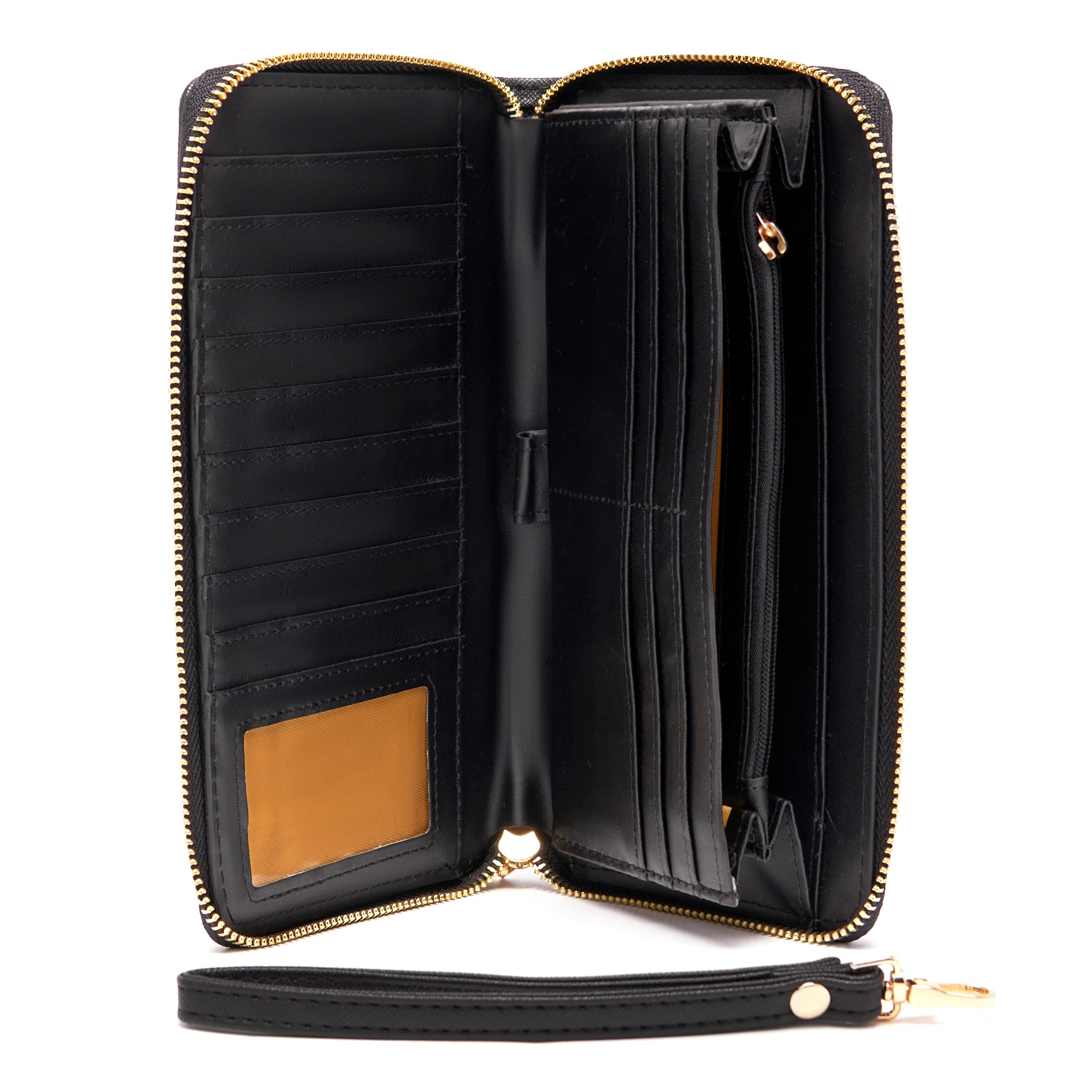 YZAOLL Women's Wallet RFID Blocking PU Leather Large Capacity Zip Around Credit Card Holder Cell Phone Checkbook Storage Bag Zipper Coin Purse,black