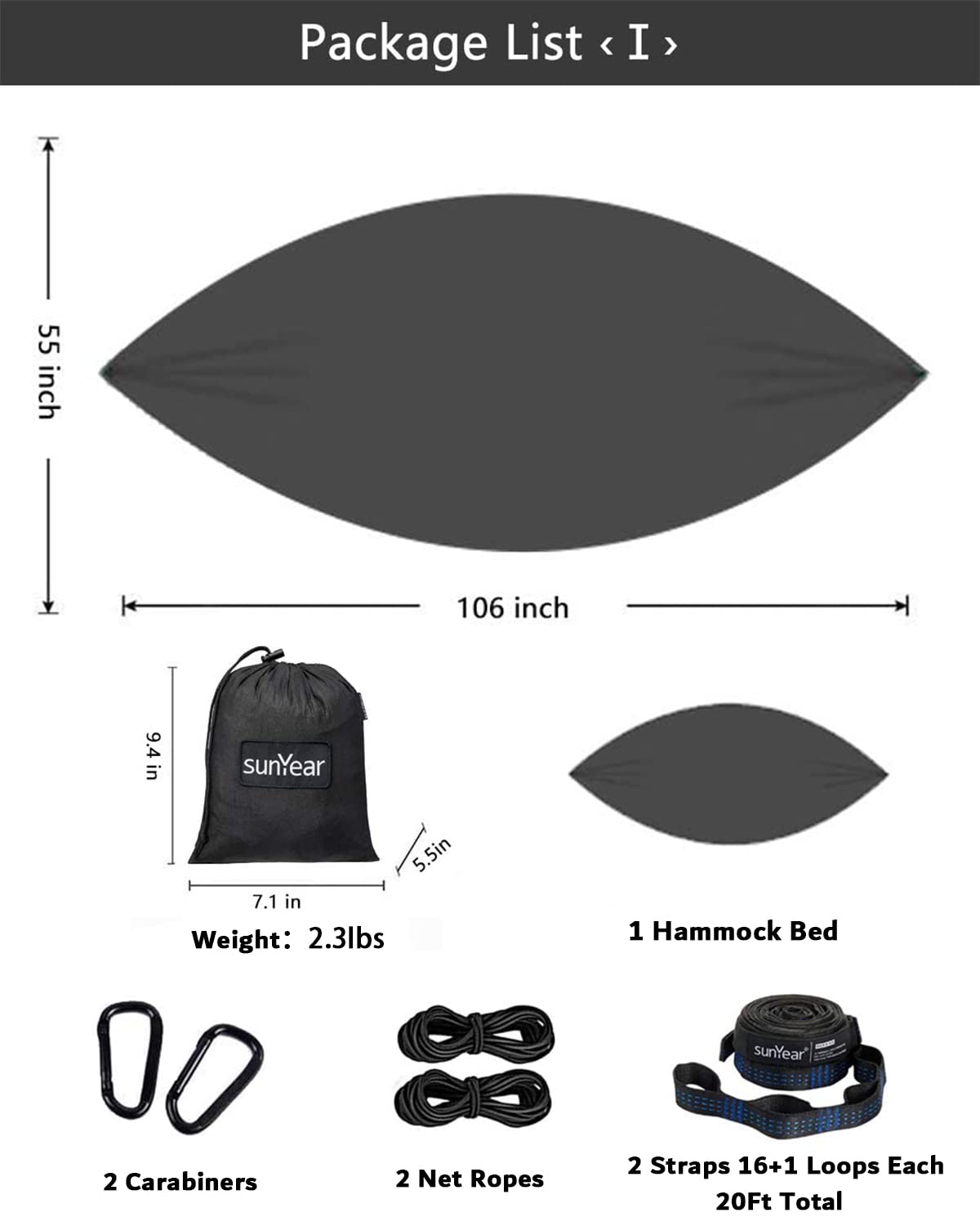 Sunyear Hammock Camping with Rain Fly Tarp and Net, Portable Camping Hammock Double Tree Hammock Outdoor Indoor Backpacking Travel & Survival, 2 Tree Straps,100% Waterproof, Black