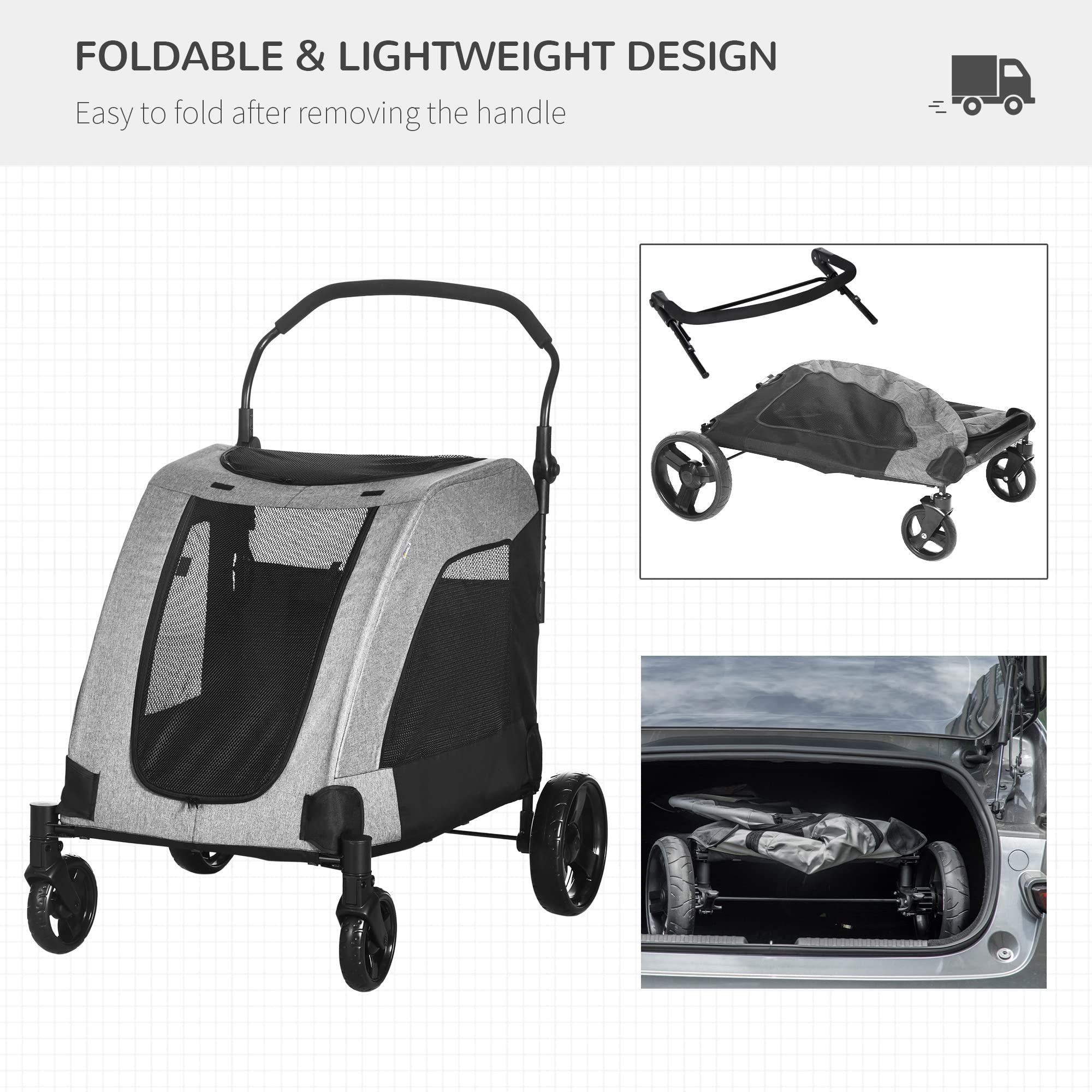 PawHut Pet Stroller Universal Wheel with Storage Basket Ventilated Oxford Fabric for Medium Size Dogs, Gray