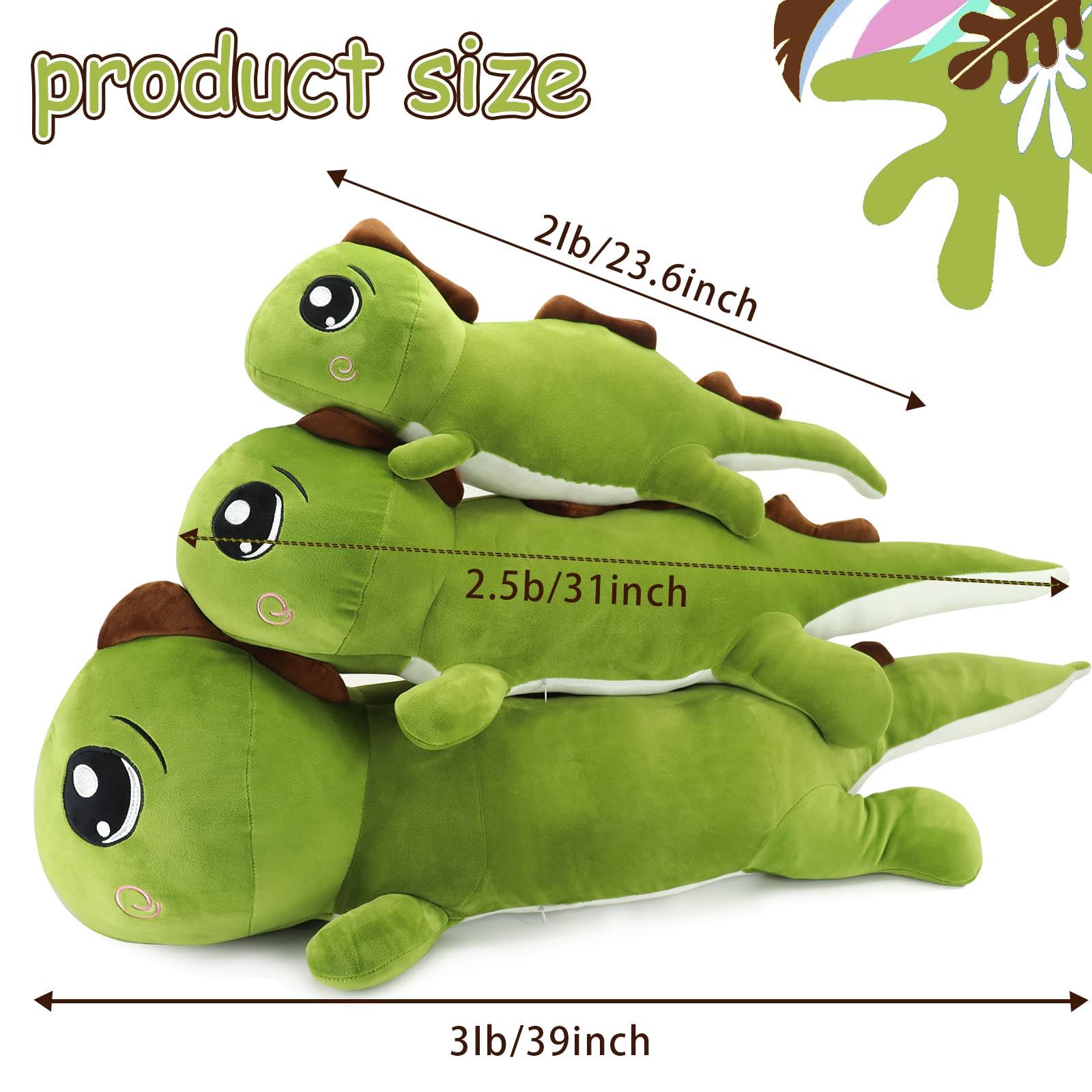 waypool 2LB Weighted Dinosaur Plush Weighted Stuffed Animals Cute Dinosaur Plushies Toys Dolls Throw Pillows for Christmas (Green, 23.6")