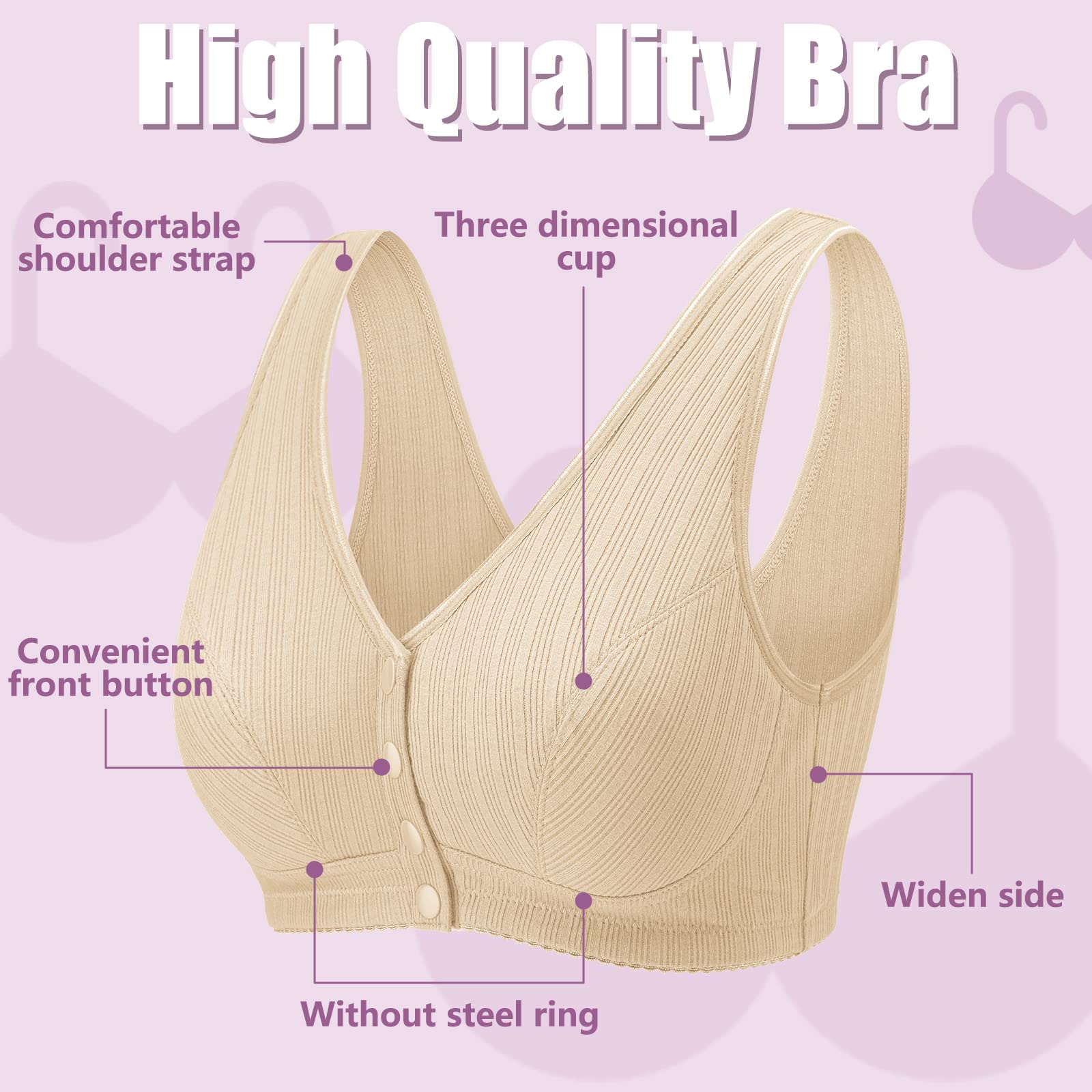 Zhanmai 4 Pack Convenient Front Button Bra Sleep Bras Front Closure Everyday Sports Bras for Middle Aged Elder Woman (Fresh Color,Multi Style,L)