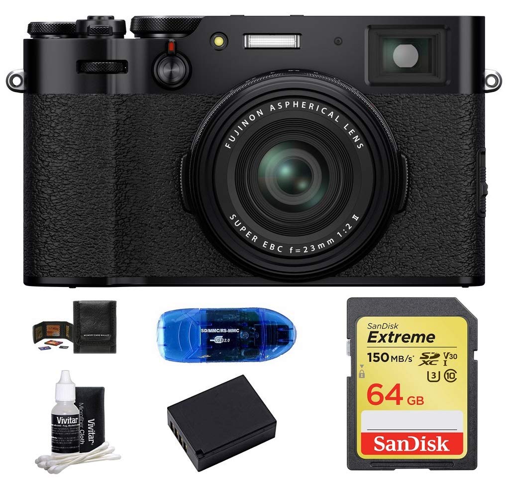 RUNYAO Fujifilm X100V Digital Camera Bundle Includes: SanDisk 64GB Extreme SDXC Memory Card +Spare Battery + More (6 Items) (Black)