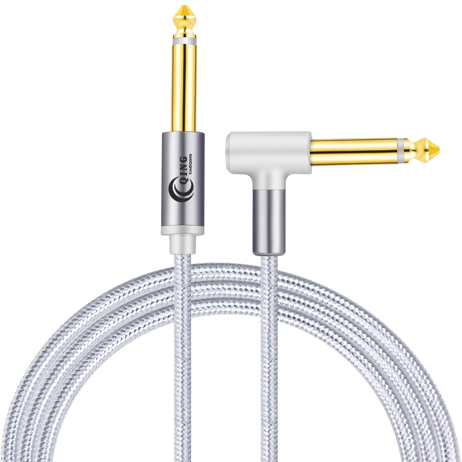QING CAOQING Audio Instrument Cable 25ft Right Angle 1/4" Amp Cord for Bass & Electric Guitar - Straight to Right Angle 1/4 Inch Instrument Cable