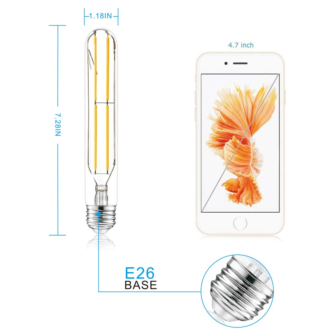 SD Light T10 Led Bulb,6W Dimmable 7.3Inch Long Tubular Light Bulb 3000K Warm White,60Watt Incandescent Bulb Equivalent,600lm,Clear Glass,E26 Medium Base Lamp Bulb for Desk Lamp,Pendant Lights(4-Pack)