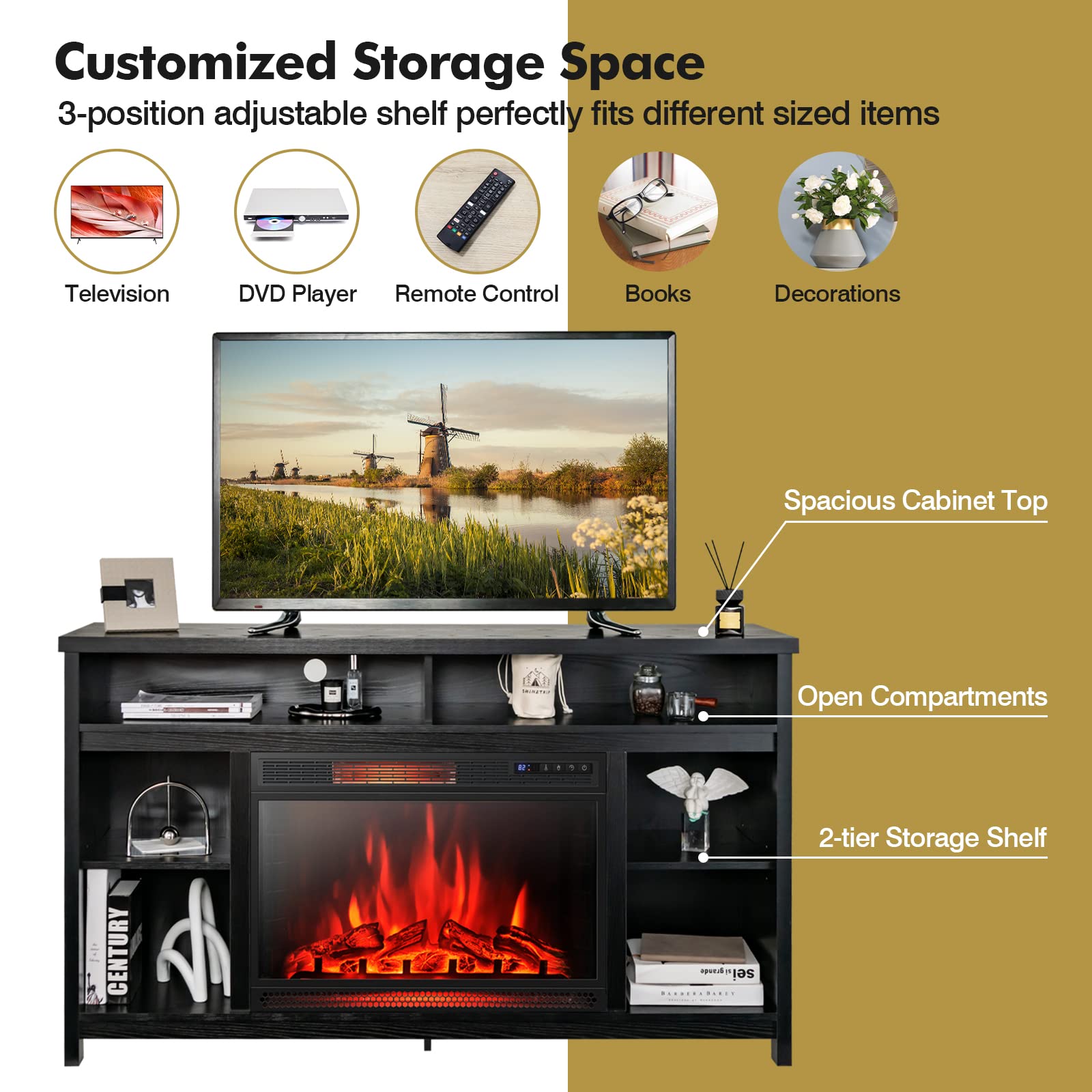 Tangkula 58 Inches Fireplace TV Stand for TVs up to 65 Inches, Modern Entertainment Center w/ 28 Inches Fireplace Insert, Remote Control, Electric Fireplace TV Console Table (Black)