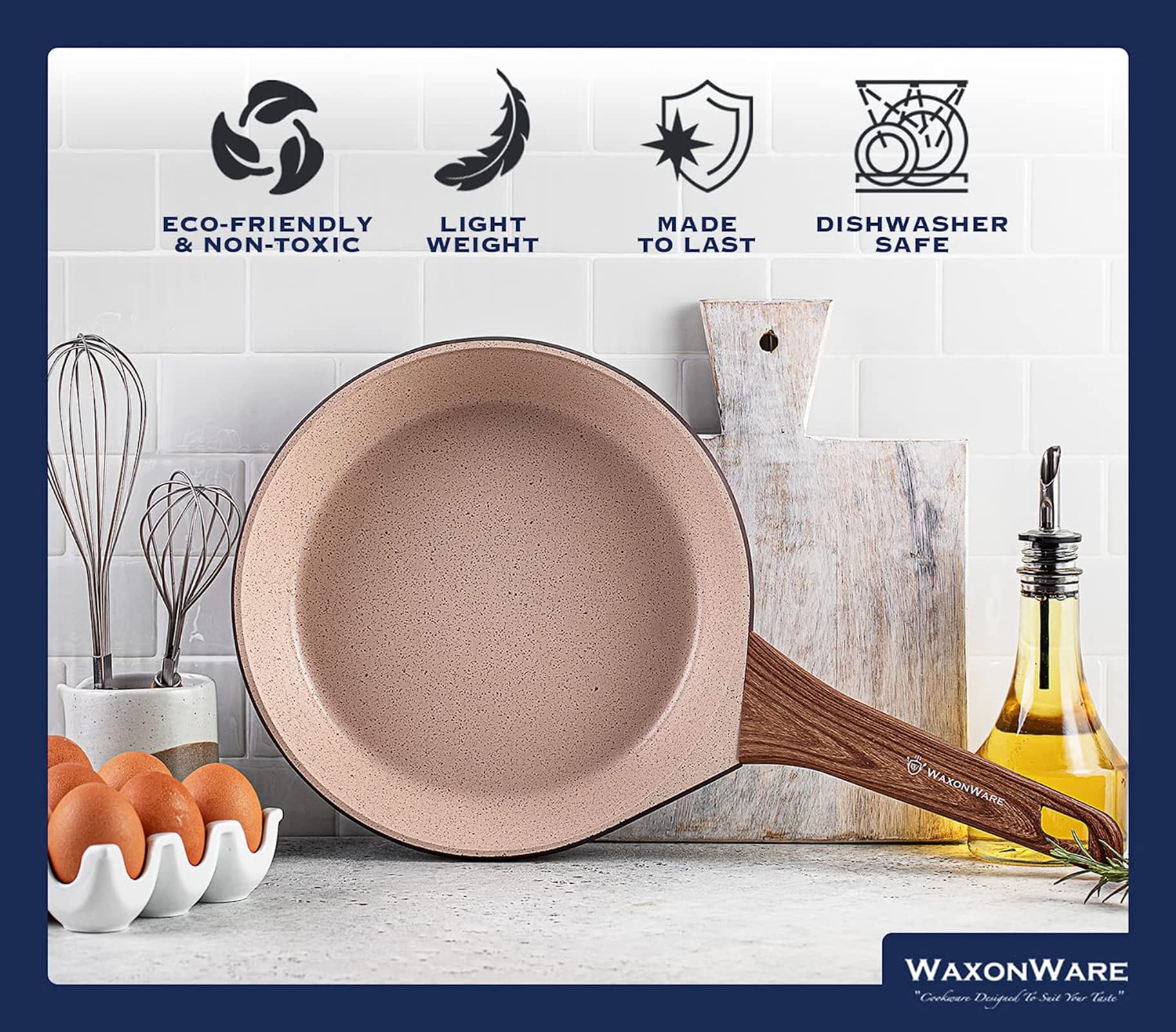 WaxonWare 9.5 Inch Non Stick Skillet & Frying Pan With Induction Bottom & Marbellous (A 100% PFOA Free Coating Made In Germany) - For Stir-Frying, Shallow Frying, Deep Frying & Braising