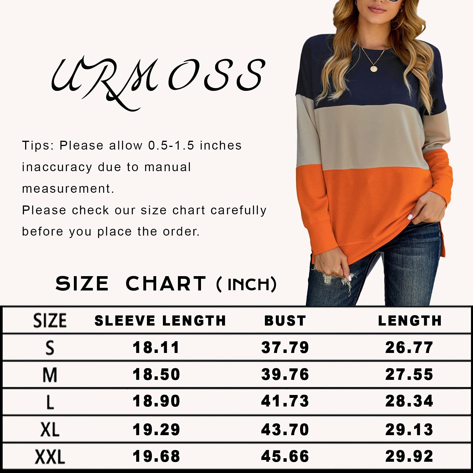 URMOSS Womens Casual Long Sleeve Crewneck Sweatshirt Color Block Lightweight Loose Pullover Tops Shirts (Multi Black,S)