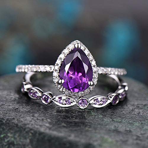 Sdouefos 2Pcs Womens Purple CZ Engagement Rings 925 Sterling Silver Shining Amethyst Ring Tear Drop Shape Cubic Zirconia Promise Rings Set(US Code 9)