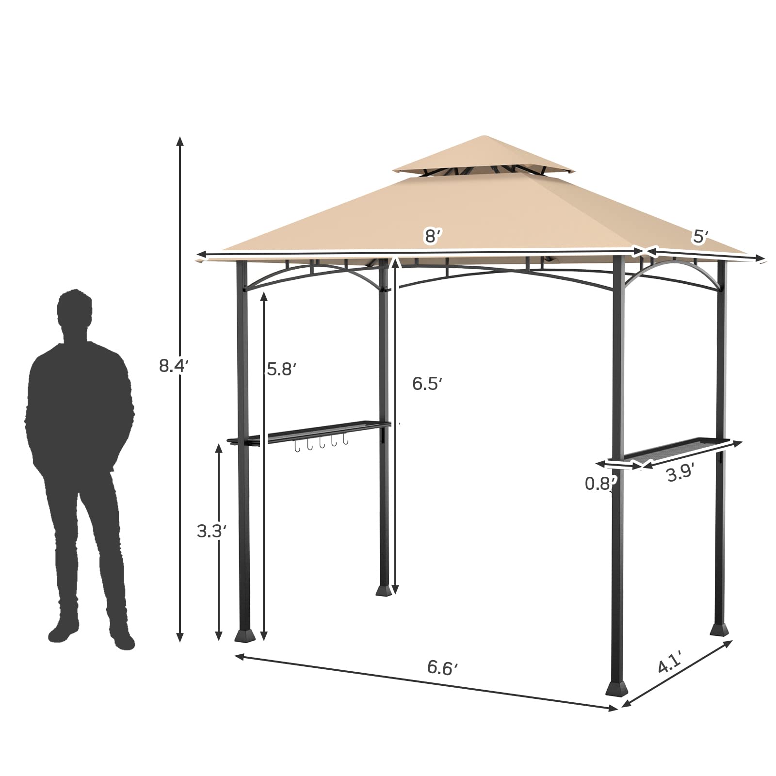 Tangkula 8x5 Ft Grill Gazebo, Double Tiered Outdoor BBQ Gazebo with 2 Side Shelves, 5 Hooks, Bottle Opener, Barbecue Grill Gazebo Shelter for Patio, Garden, Beach, Backyard (Khaki)