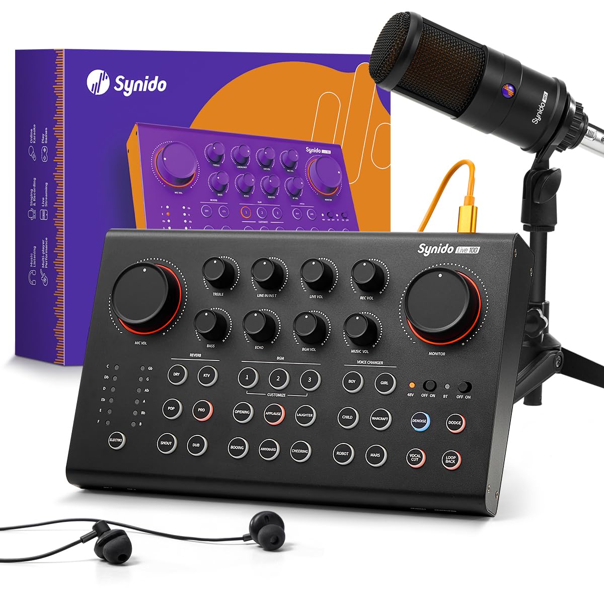 Synido Podcast Equipment Bundle All-in-One Live Sound Card Podcast Production Studio Audio Interface with 48V Phantom Power, Condenser Microphone for Live Streaming, Guitar, Voice Over, PC, Black