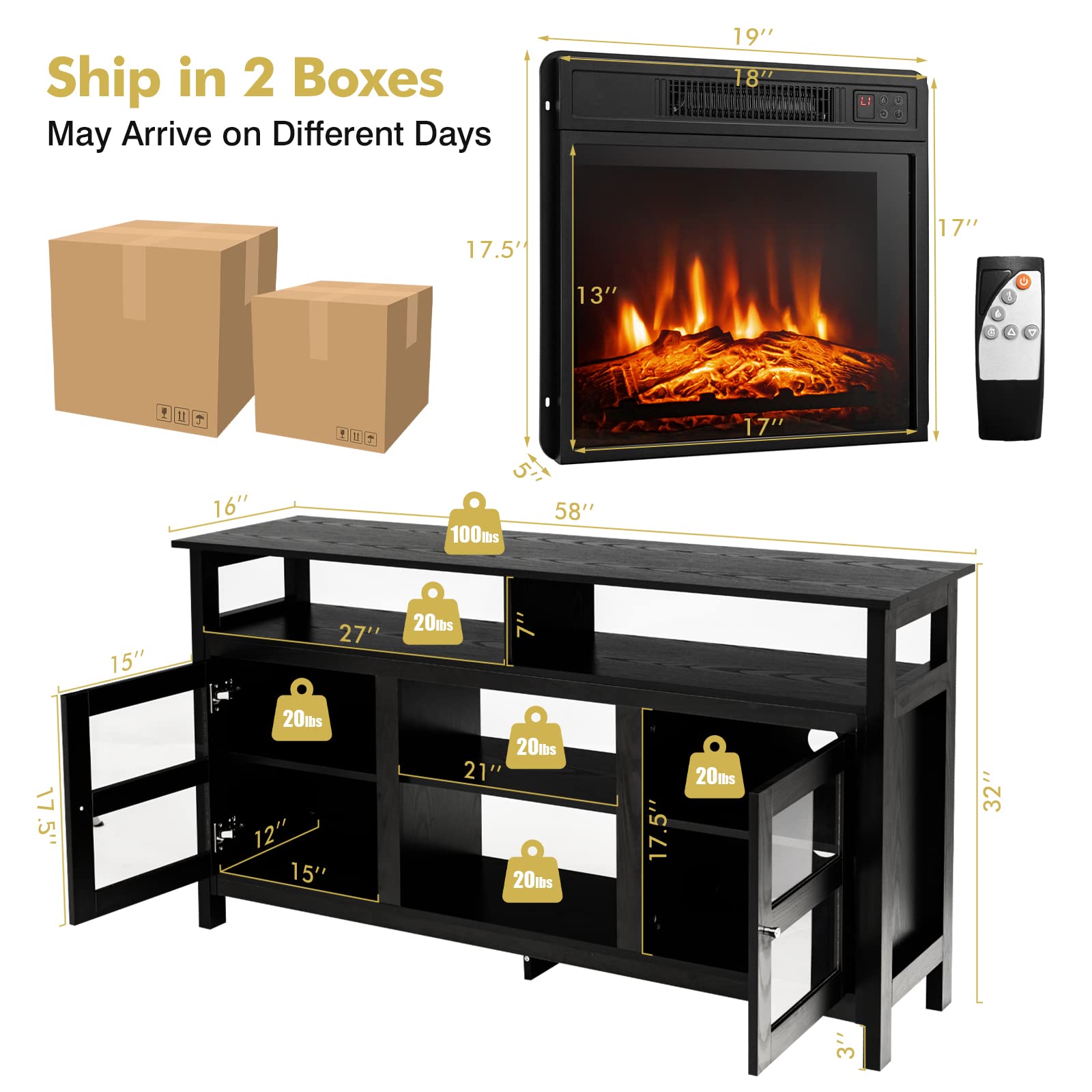Tangkula Fireplace TV Stand for TVs up to 65 Inches, with 18 Inches 1400W 5,000 BTU Electric Fireplace with Built-in Thermostat, 6H Timer, Adjustable Flame & Heat, Remote Control (Black)