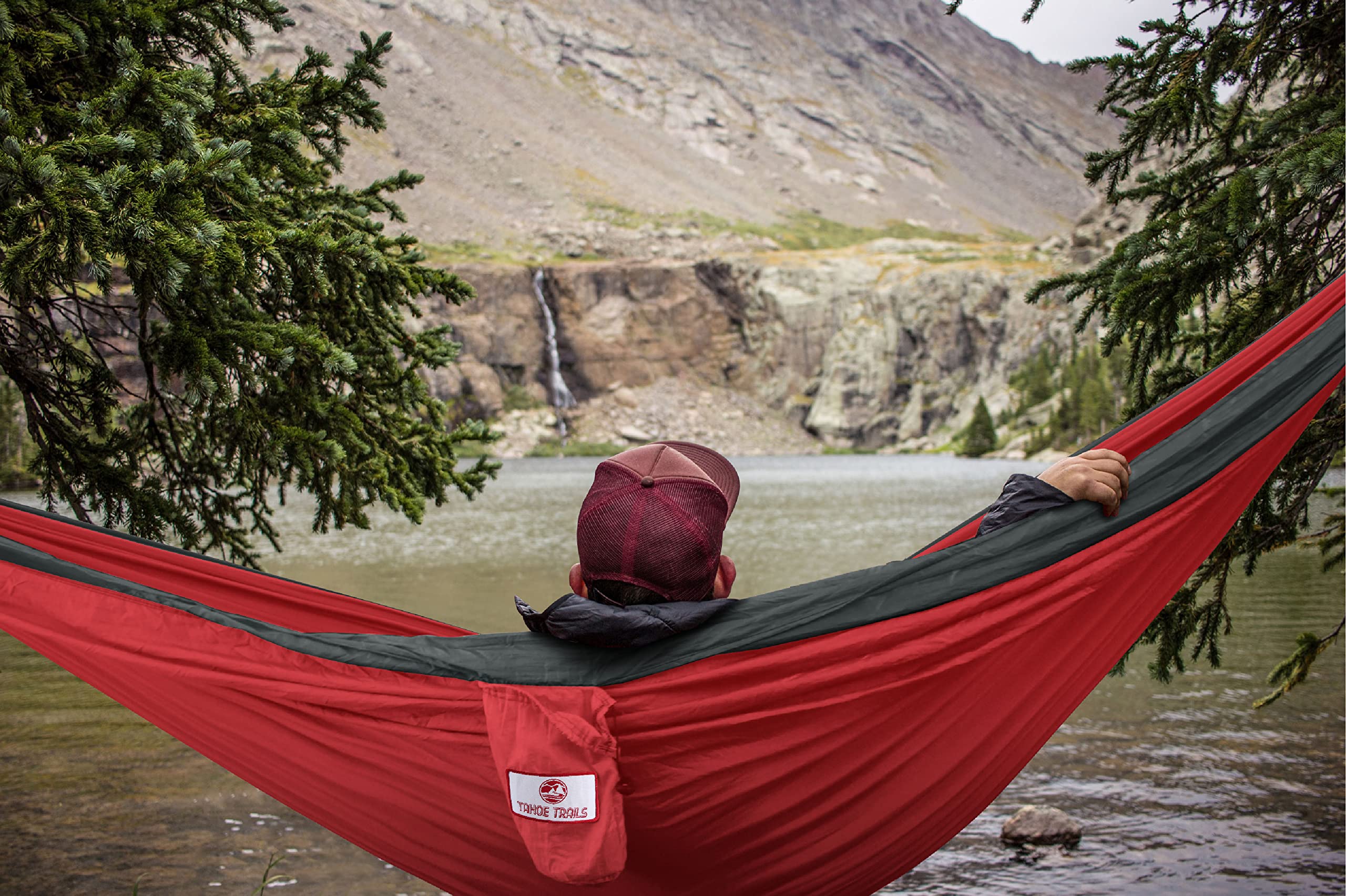Tahoe Trails Double Camping Hammock for 2 People with Tree Straps, Lightweight Portable Nylon Parachute Hammock for Hiking, Traveling, Backpacking and Backyard, Red & Dark Grey